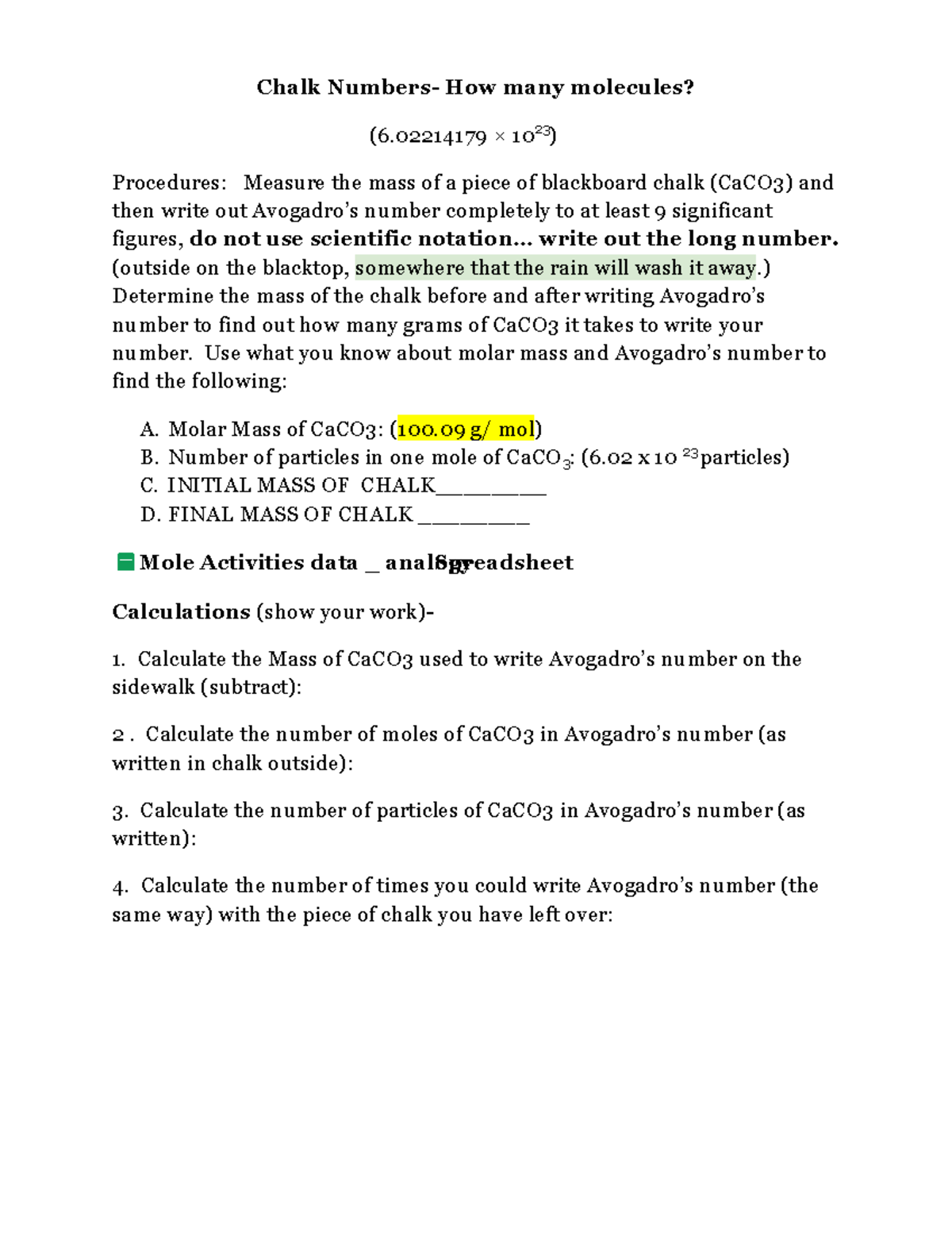 Mole Warmups - warmup - Chalk Numbers- How many molecules? (6 × 10 23 ...