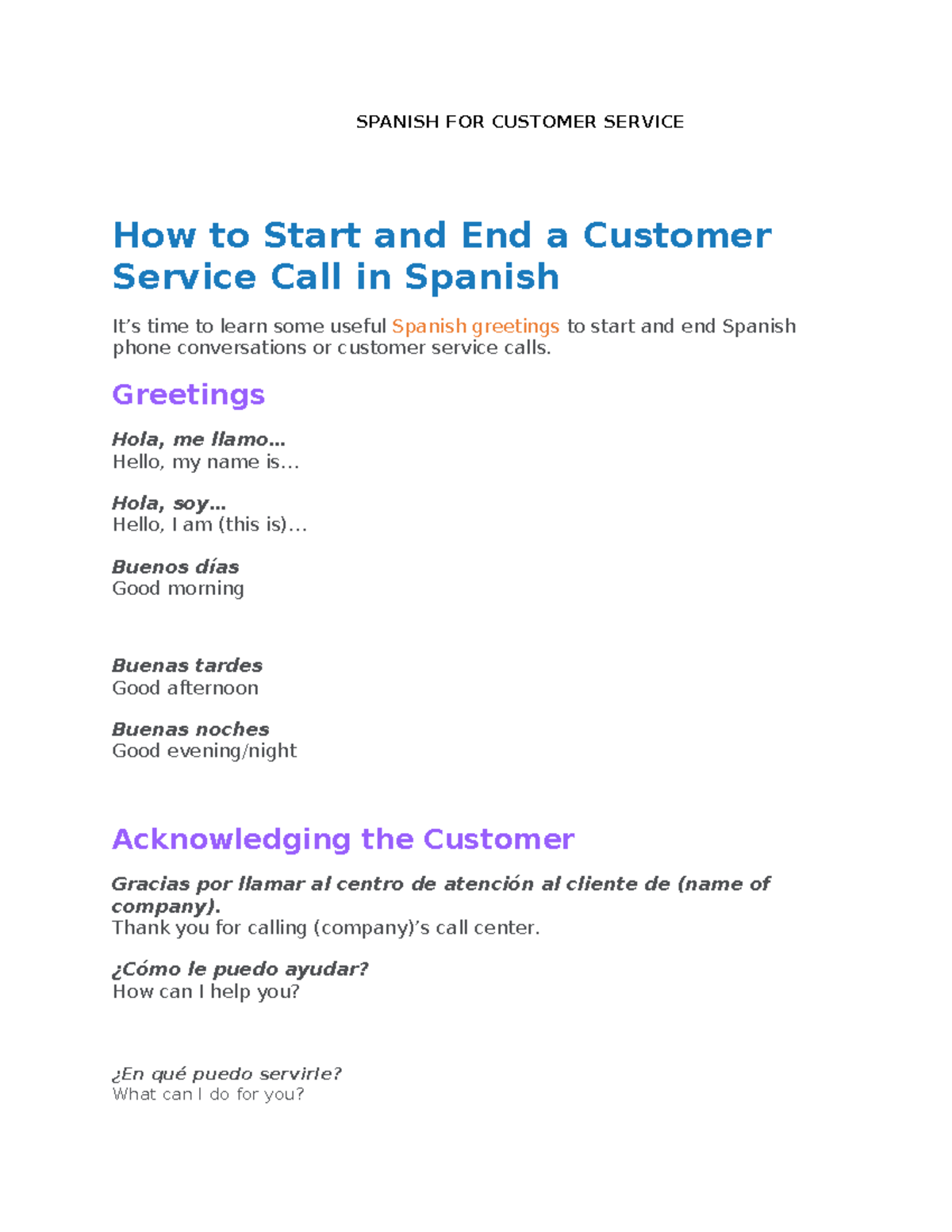 Spanish FOR Customer Service - SPANISH FOR CUSTOMER SERVICE How to ...