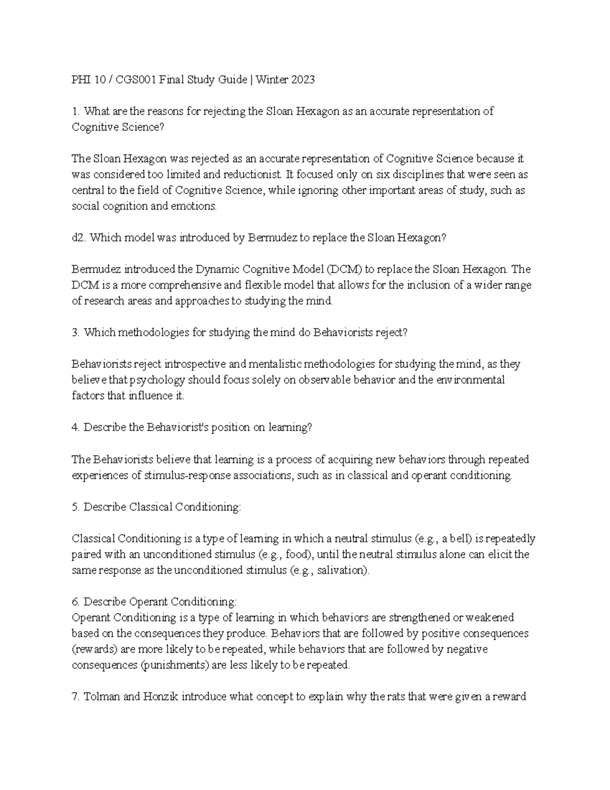 Intro to cog sci final review - PHI 10 / CGS001 Final Study Guide | Winter 2023 What are the ...