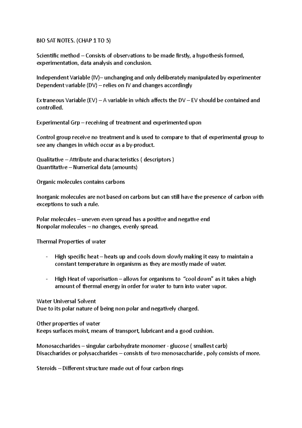 BIO SAT Notes - BIO SAT NOTES. (CHAP 1 TO 5) Scientific method ...