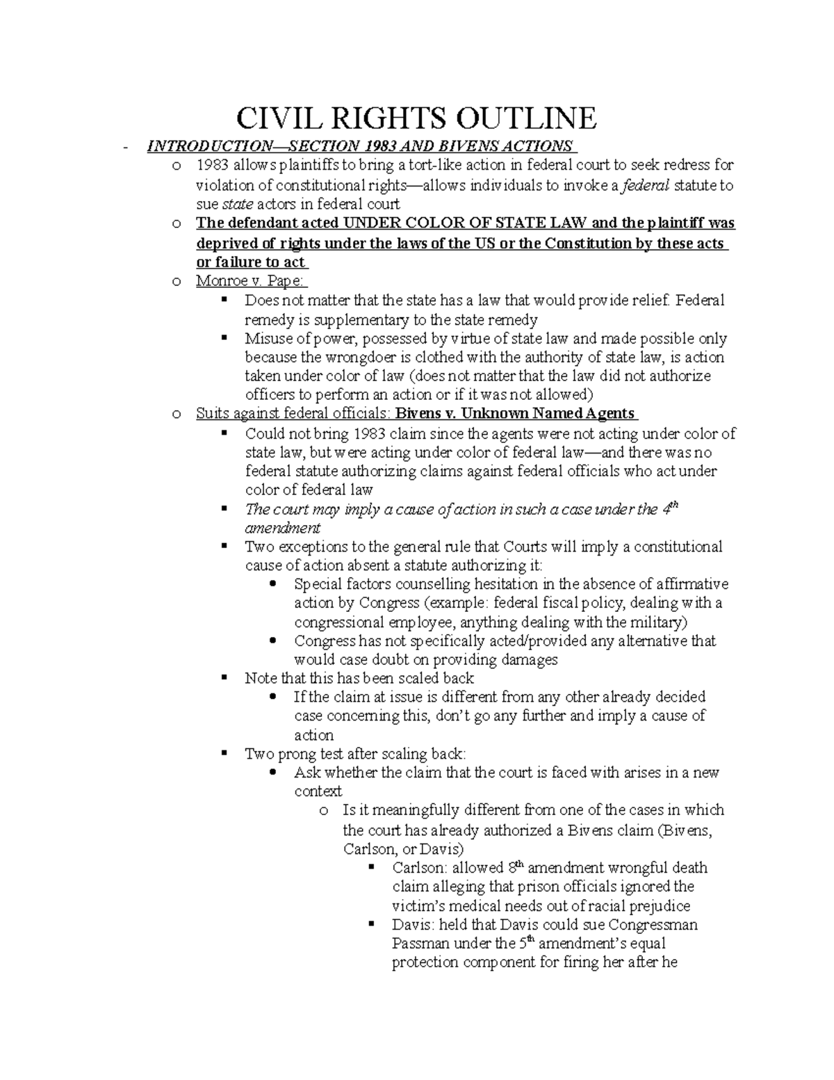 Civil Rights Outline - CIVIL RIGHTS OUTLINE - INTRODUCTION—SECTION 1983 ...
