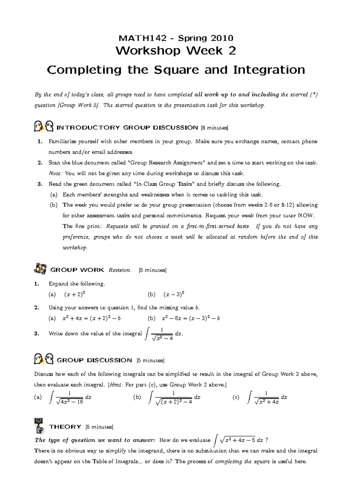 Tutorial Work Workshops 1 12 With Solutions Math142 Spring 2010 Workshop Week 2 Completing