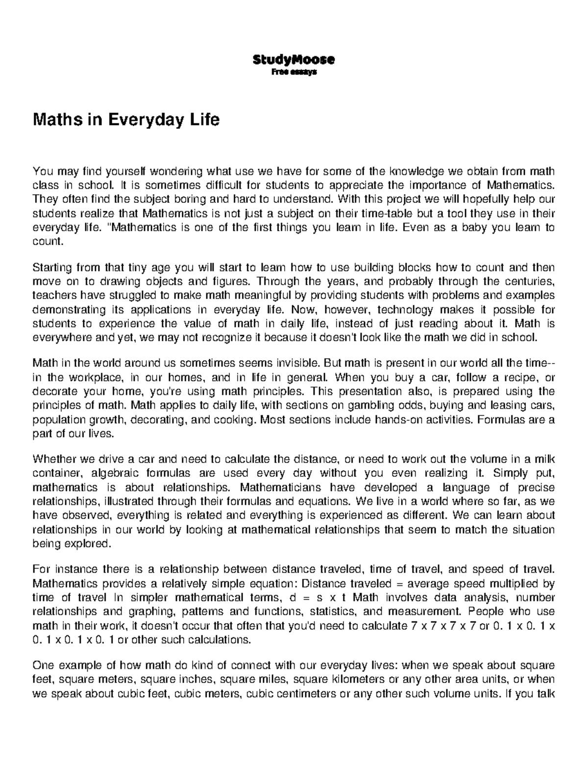 Maths in Everyday Life - It is sometimes difficult for students to ...