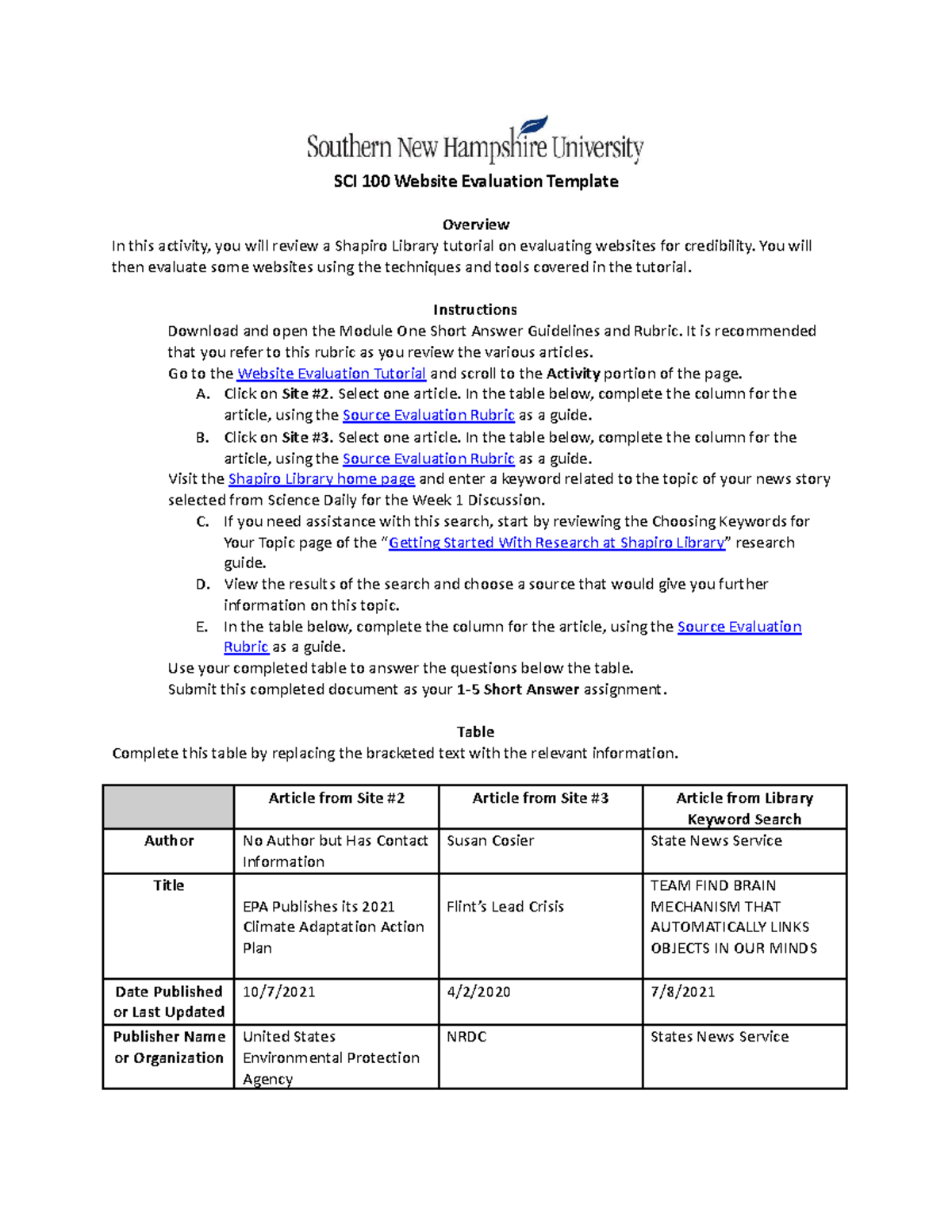SCI 100 Website Evaluation Template - SCI 100 Website Evaluation Template Overview In this ...