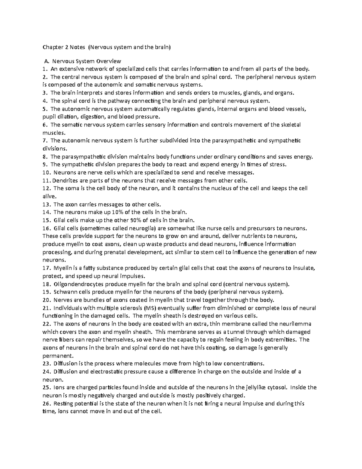 Chapter 2 Notes psychology-1 - Chapter 2 Notes (Nervous system and the ...