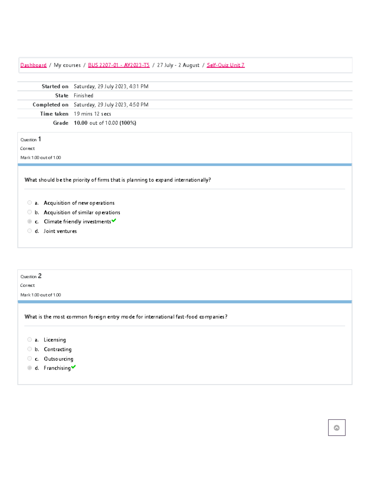 Self-Quiz Unit 7 BUS 2207 - Started on Saturday, 29 July 2023, 4:31 PM ...