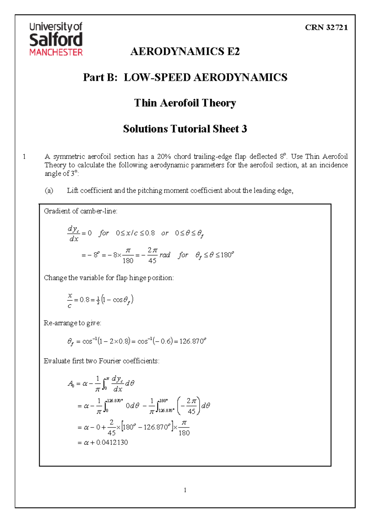Part B Solutions Tutorial Sheet 3 - AERODYNAMICS E Part B: LOW-SPEED AERODYNAMICS Thin Aerofoil ...
