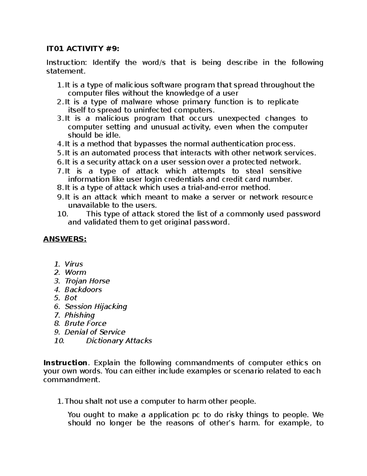 Doc 2 - Identify the word/s that is being describe - IT01 ACTIVITY #9: Instruction: Identify the ...