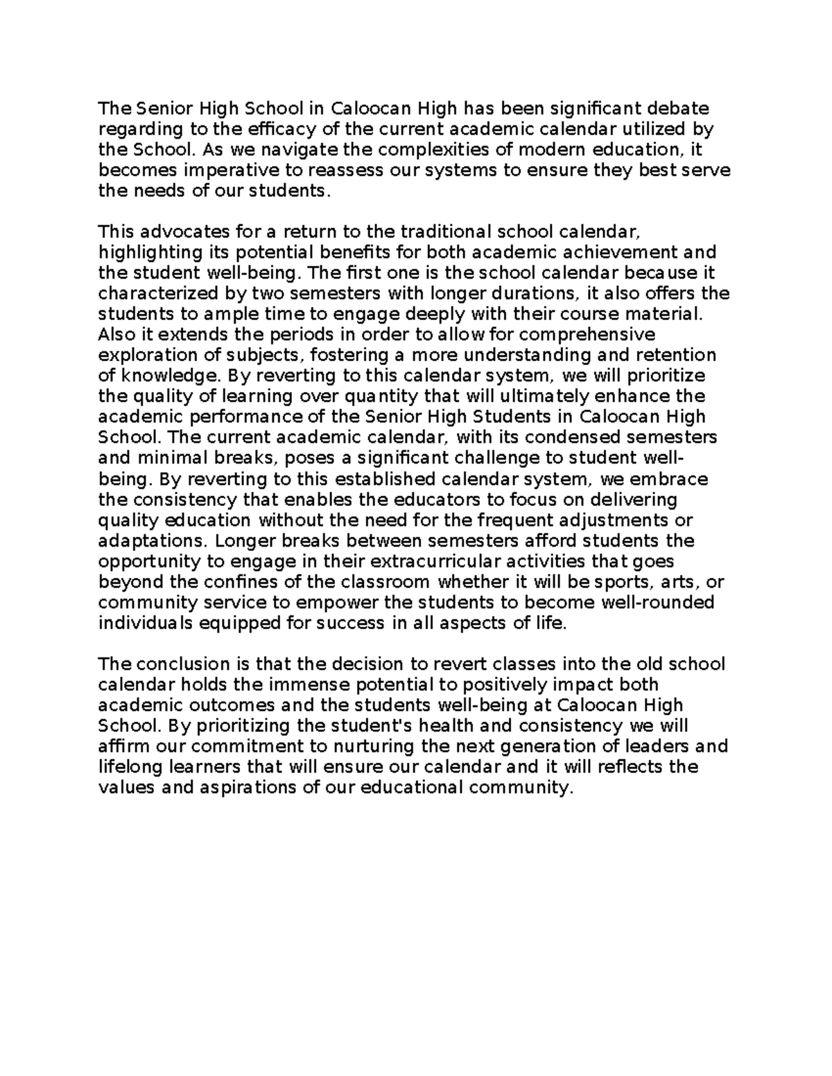 Position paper - ..... - The Senior High School in Caloocan High has ...