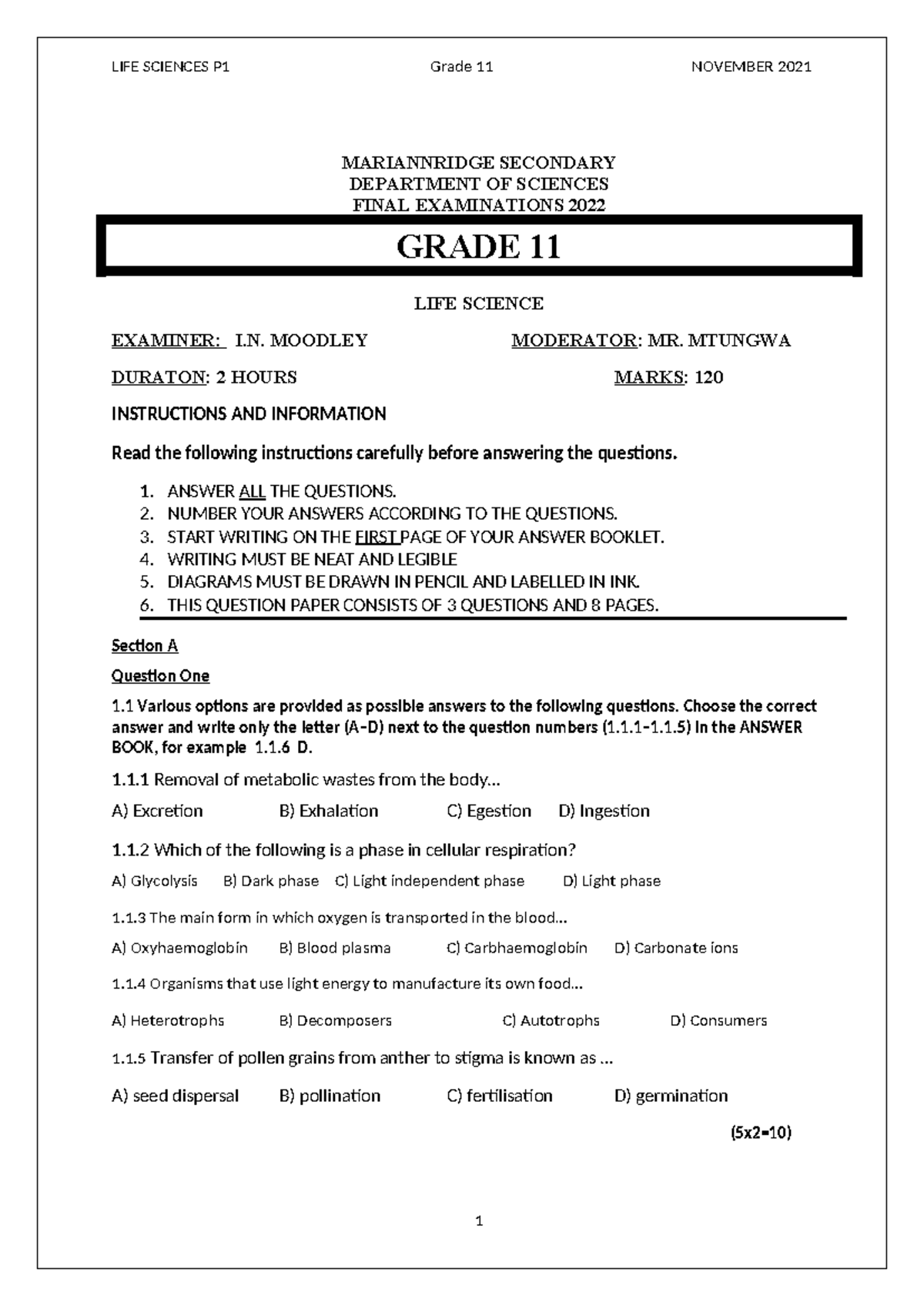 Grade 11 Final exam 2021 - MARIANNRIDGE SECONDARY DEPARTMENT OF ...