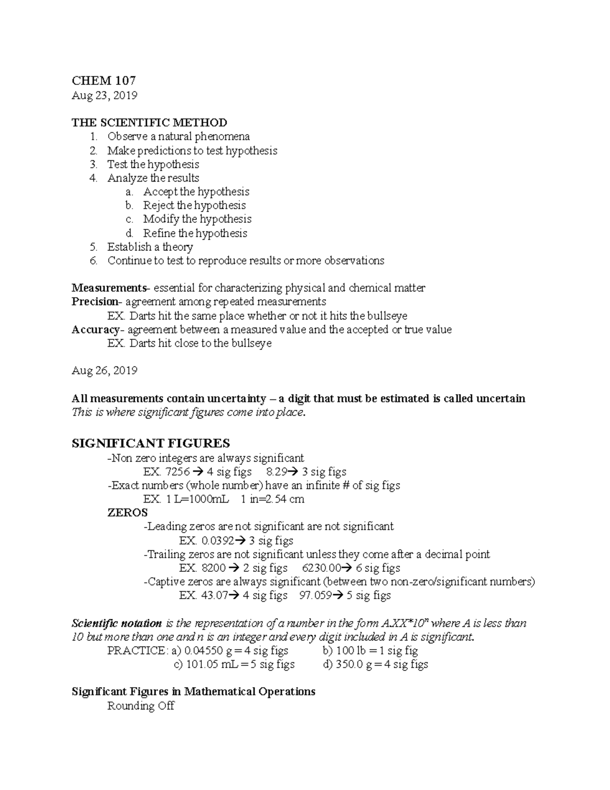 Chem 107 1 - First month - CHEM 107 Aug 23, 2019 THE SCIENTIFIC METHOD 1. Observe a natural ...