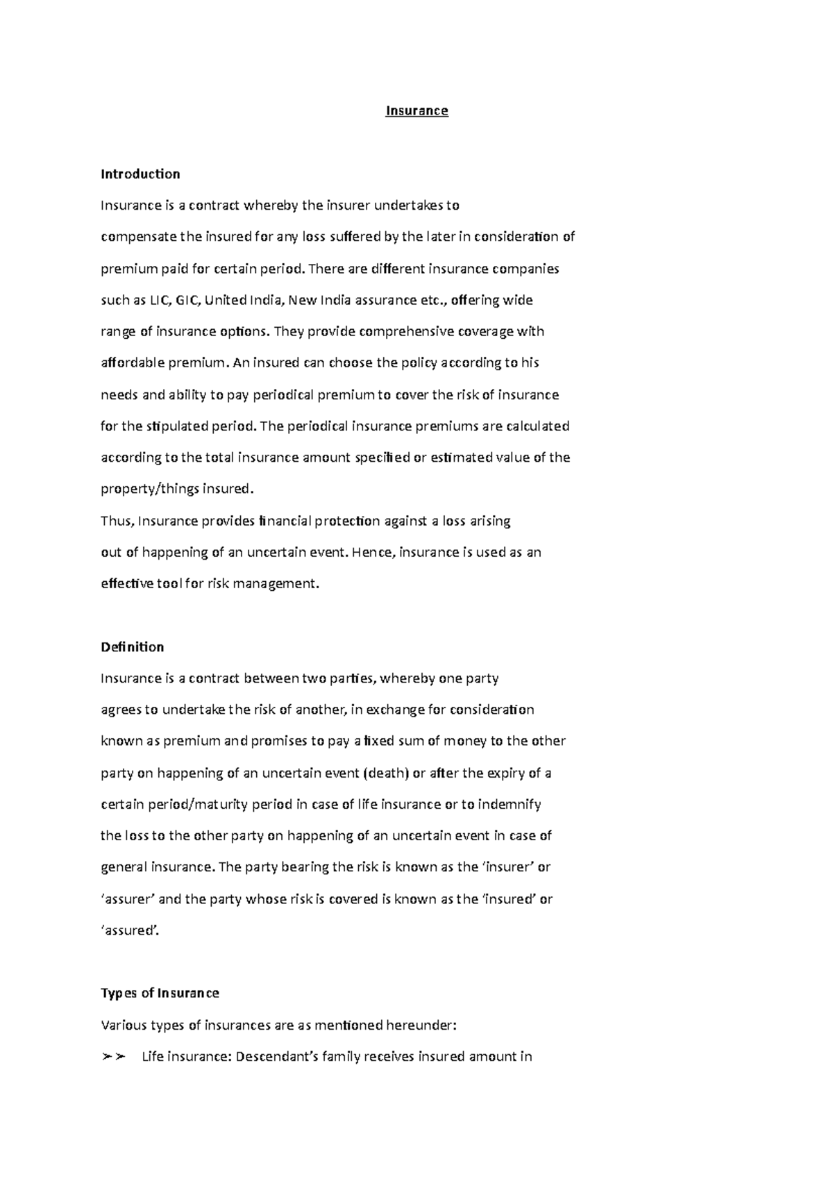 Mbfs 62 - Short summary note - Insurance Introduction Insurance is a ...