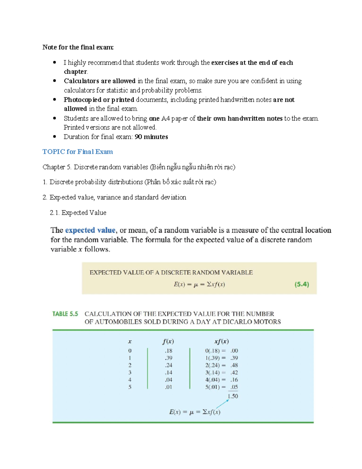 Note for final exam - no no - Note for the final exam: I highly ...