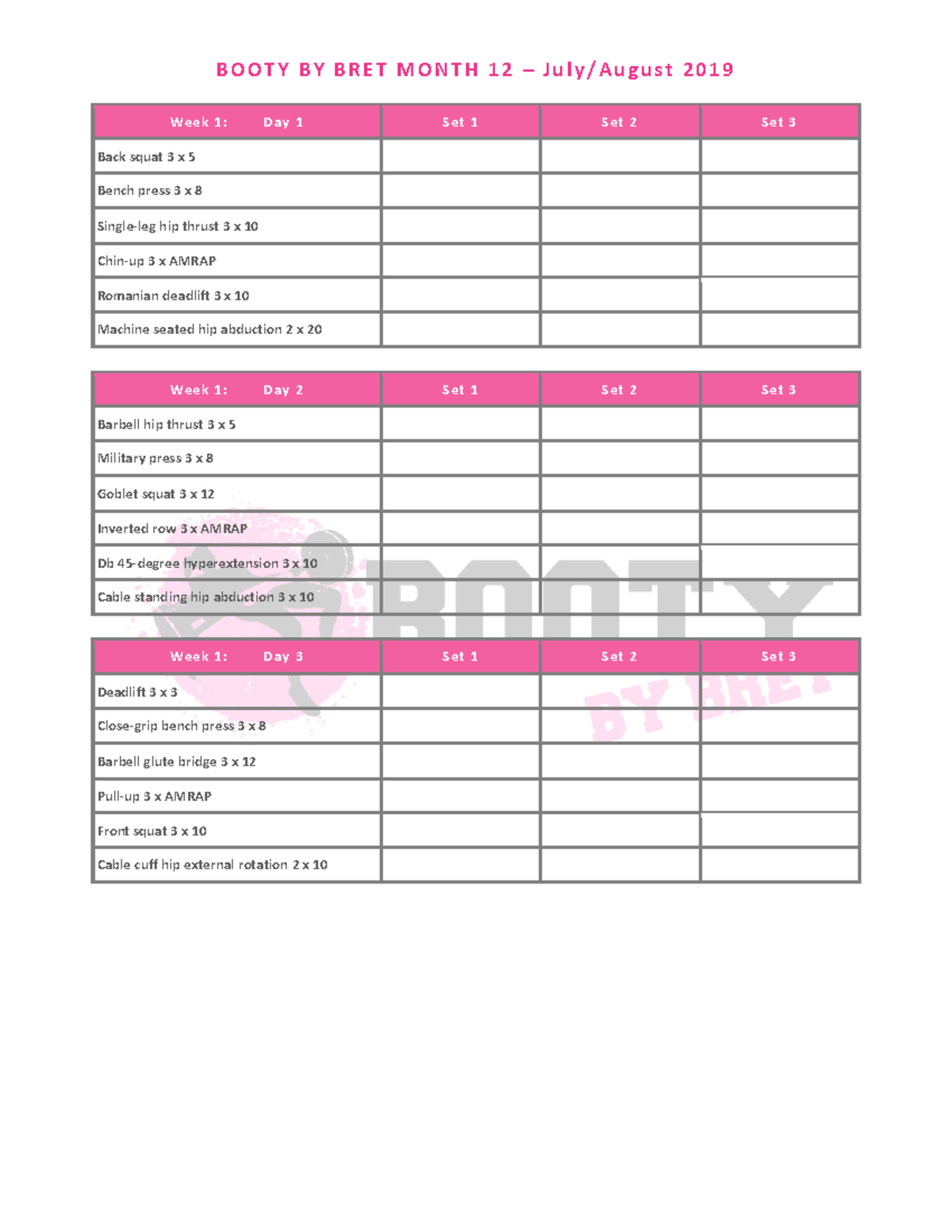 BBB Month 12 Workout Log - Inverted row 3 x AMRAP W e e k 1 : G l u t e ...