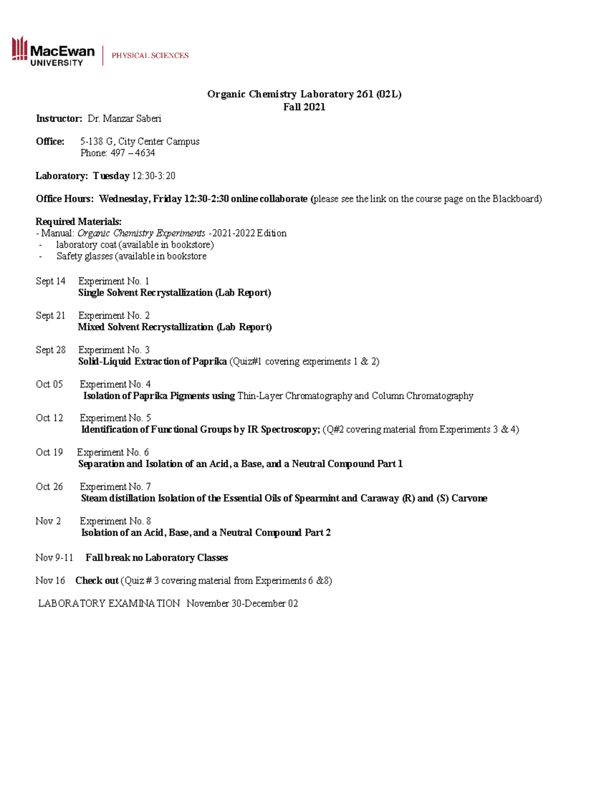 Chem 261 outline - Organic Chemistry Laboratory 261 (02L) Fall 2021 ...