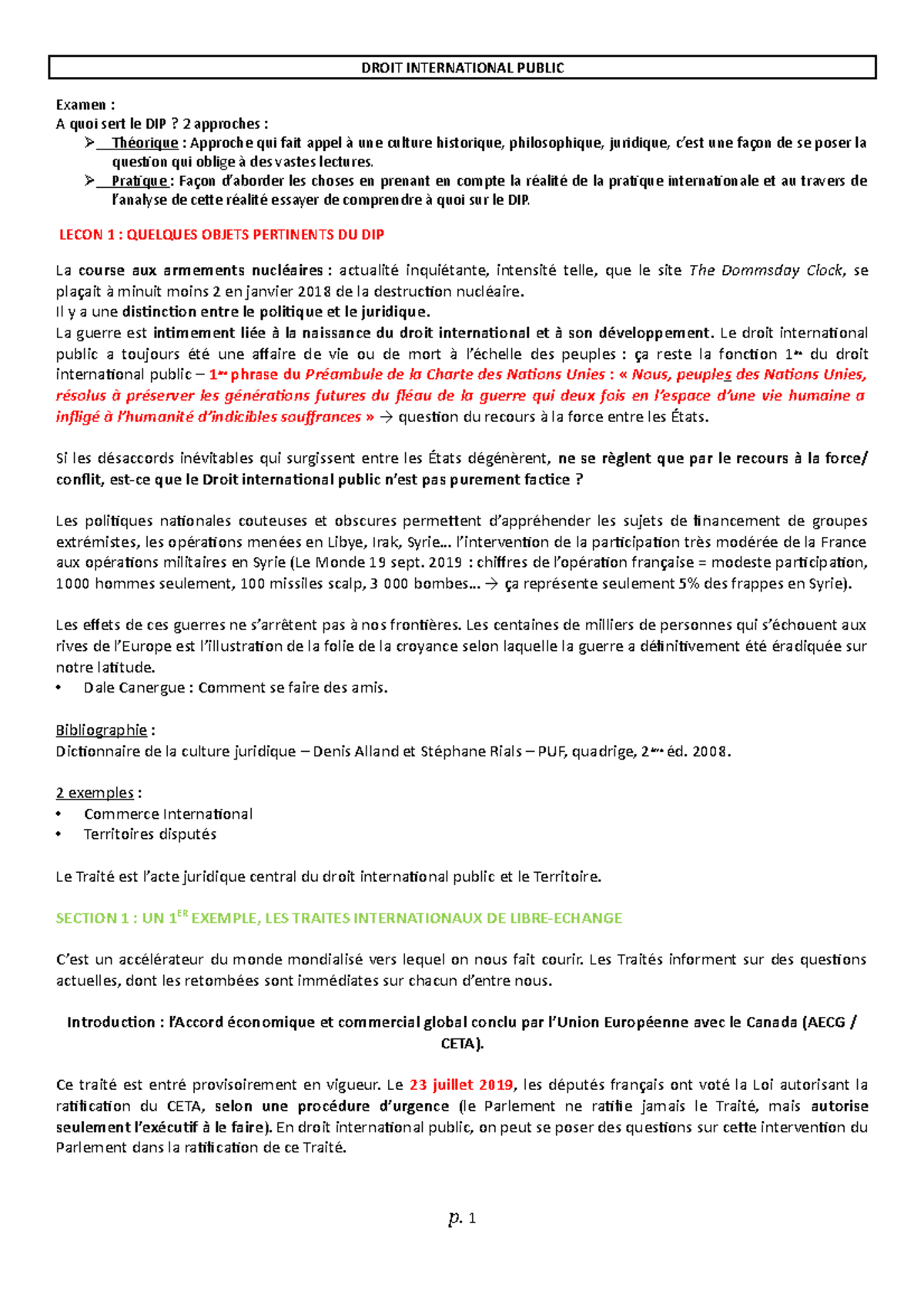 DIP Cours - DROIT INTERNATIONAL PUBLIC Examen : A quoi sert le DIP? 2 ...