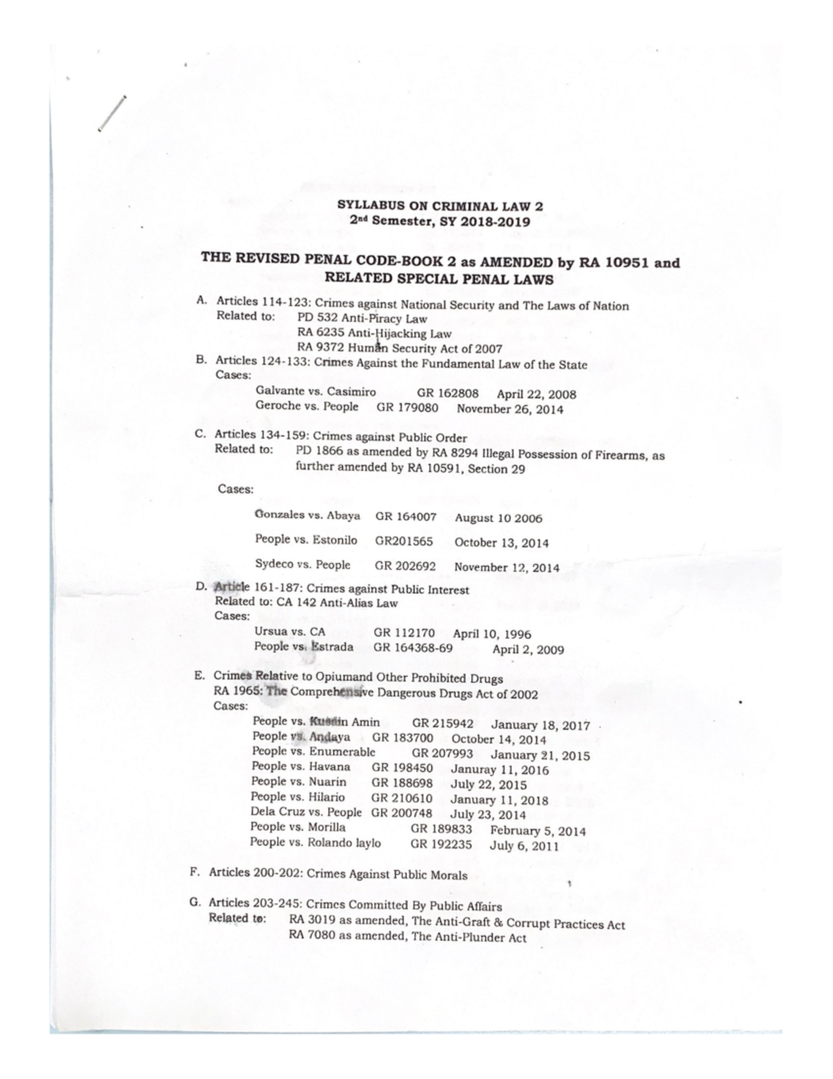 Pdfcoffee - Syllabus - SYLLABUS ON CRIMINAL LAW 2 2nd Semester, SY THE ...