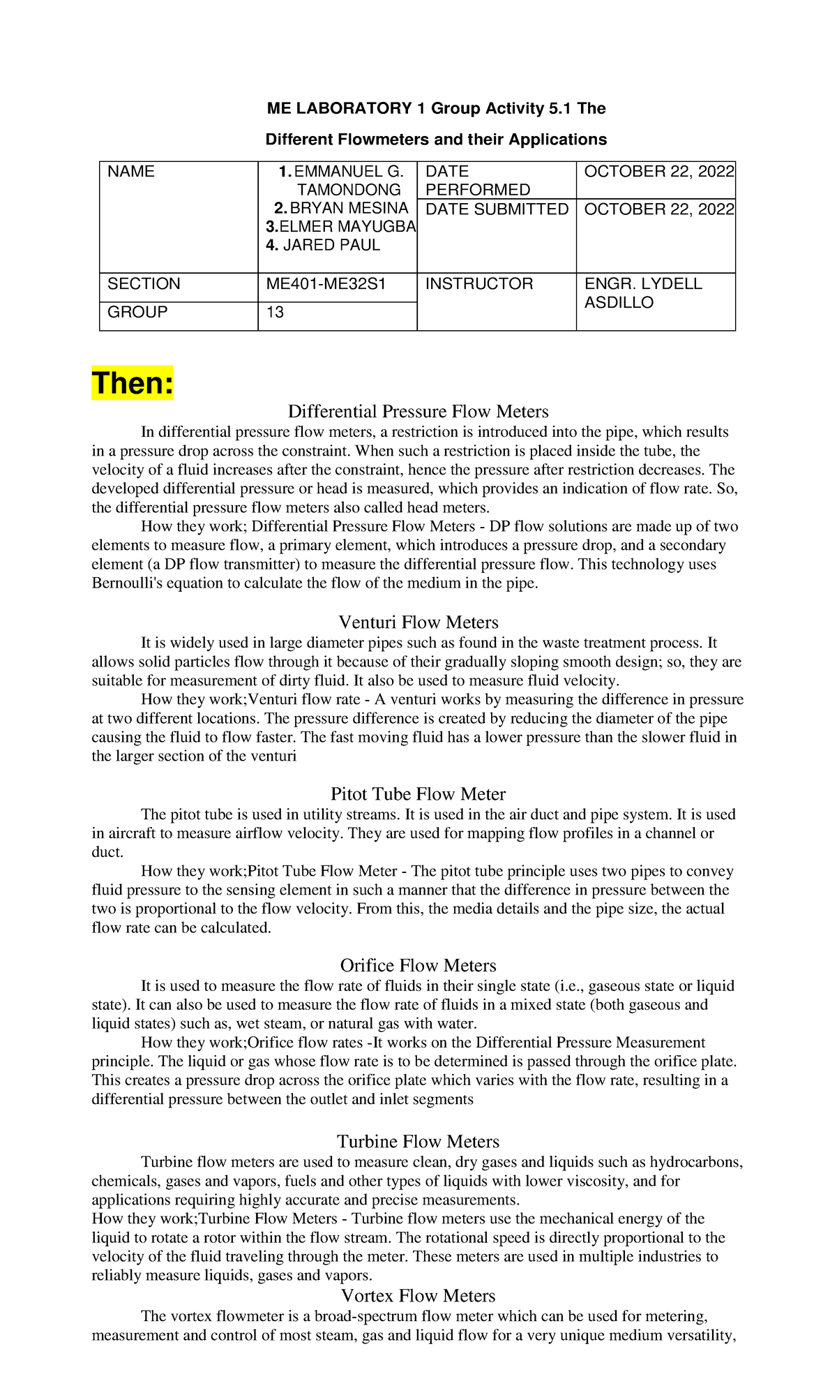 ME-LAB 1 Group 5 - ME LABORATORY 1 Group Activity 5 The Different Flowmeters and their ...