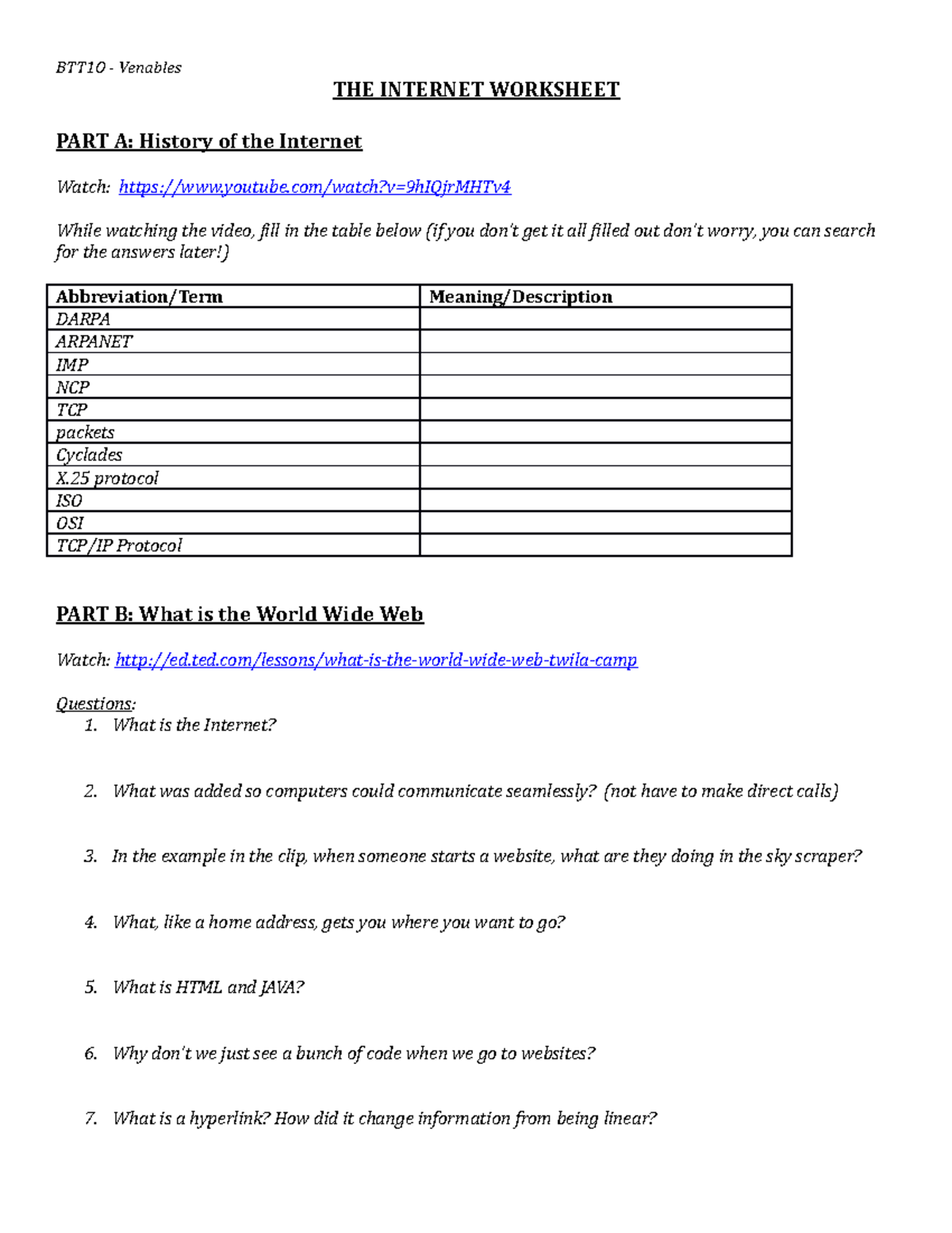 15 - The Internet Worksheet - BTT1O - Venables THE INTERNET WORKSHEET ...