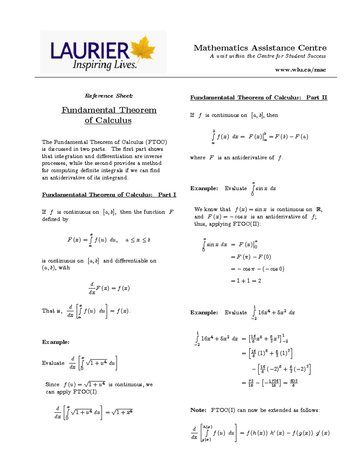 FTOC - Formula or Cheat sheet for FTOC - Mathematics Assistance Centre ...