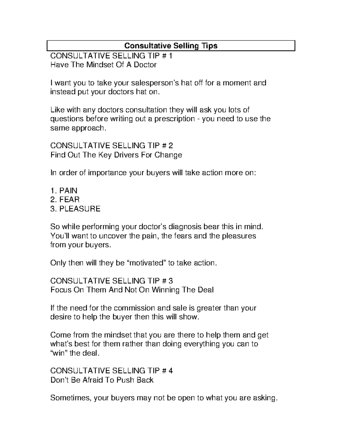 Consultative Selling TIPS - Consultative Selling Tips CONSULTATIVE ...