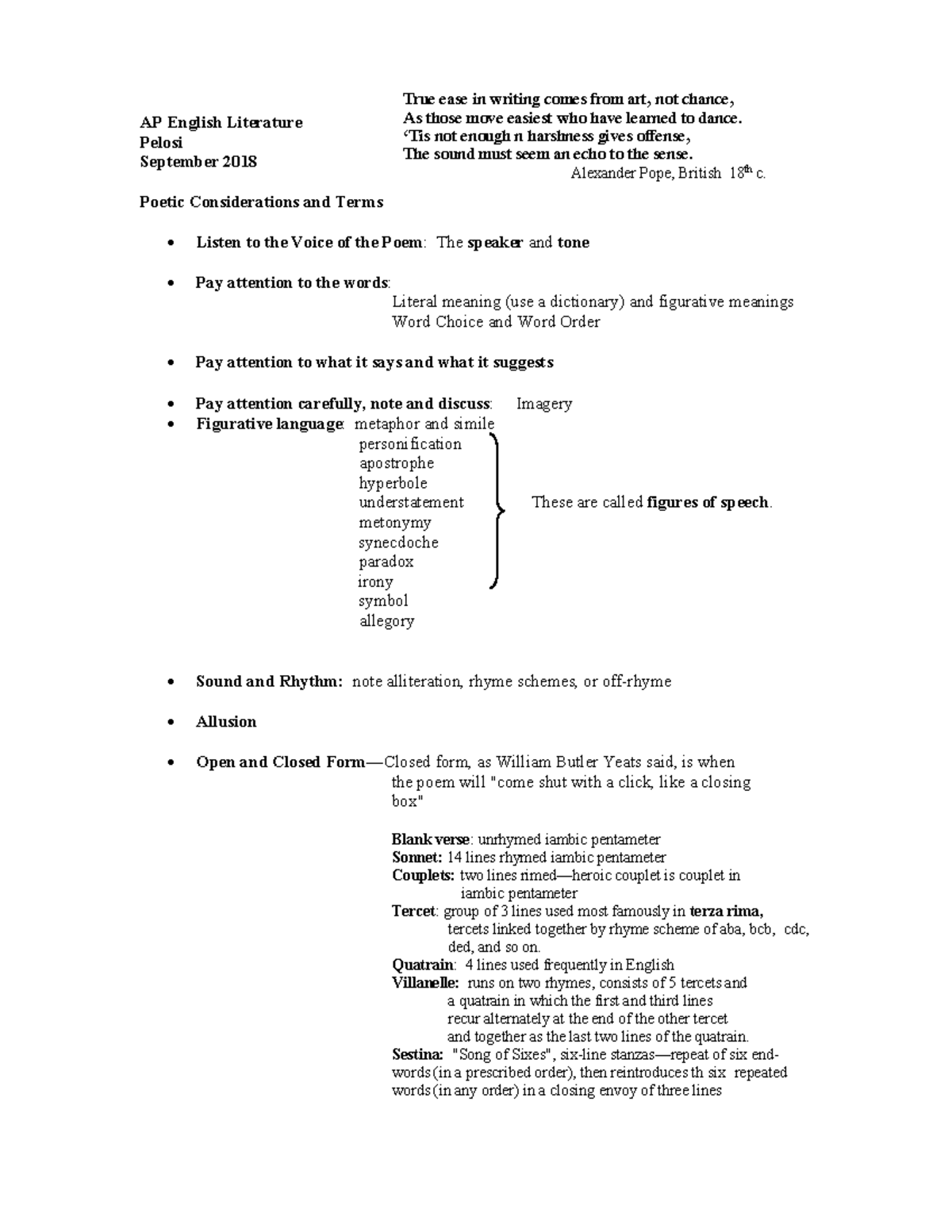 Poetry Analysis - AP English Literature Pelosi September 2018 Poetic ...