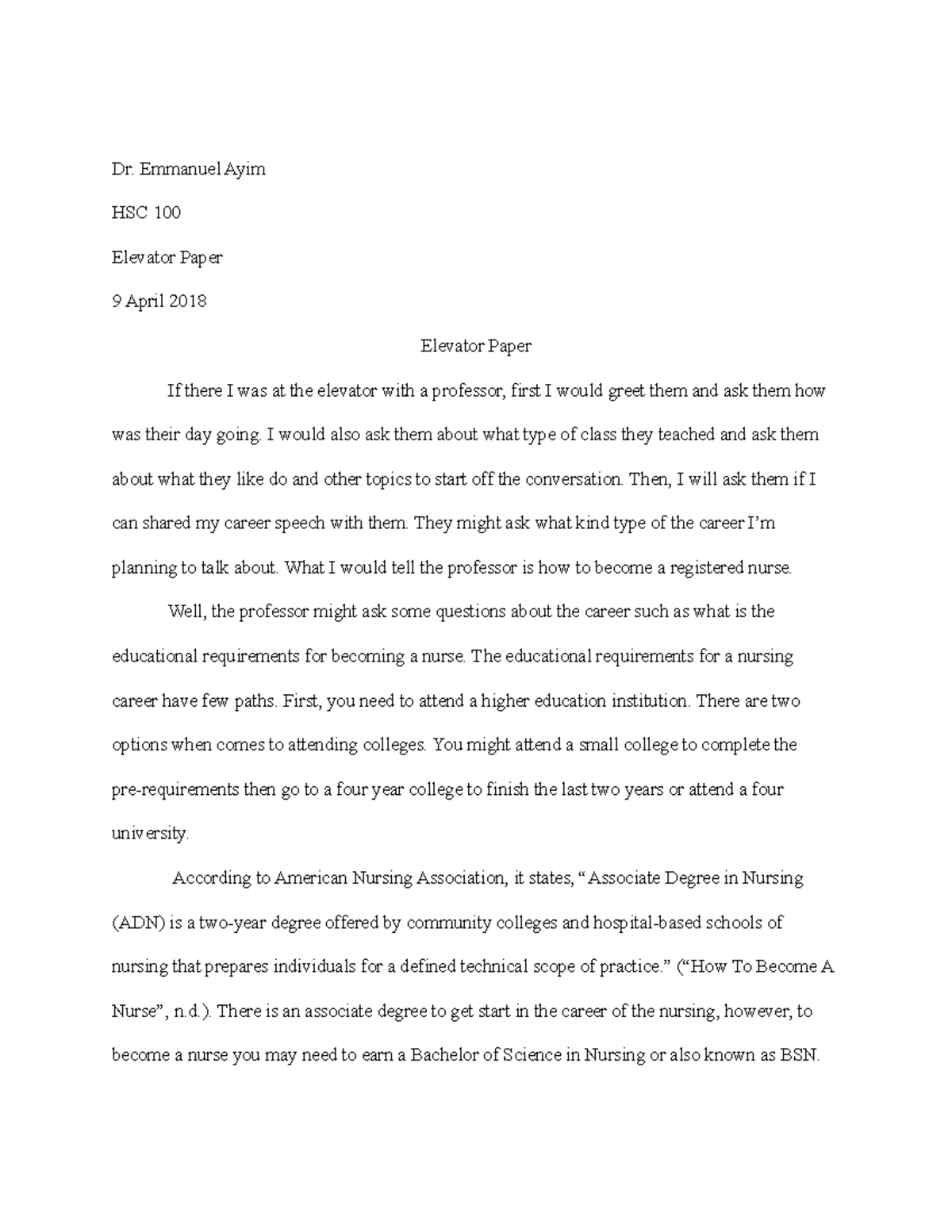 HSC Paper - Grade: A - Dr. Emmanuel Ayim HSC 100 Elevator Paper 9 April ...