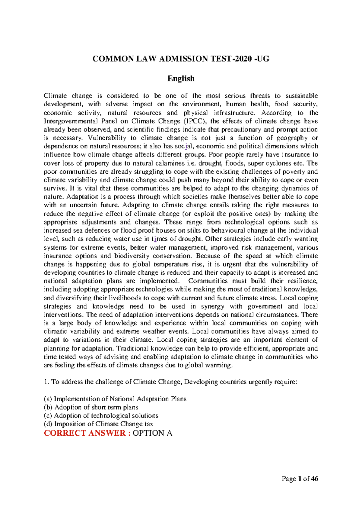 2020 CLAT 2020 Question paper UG Level - COMMON LAW ADMISSION TEST-2020 ...