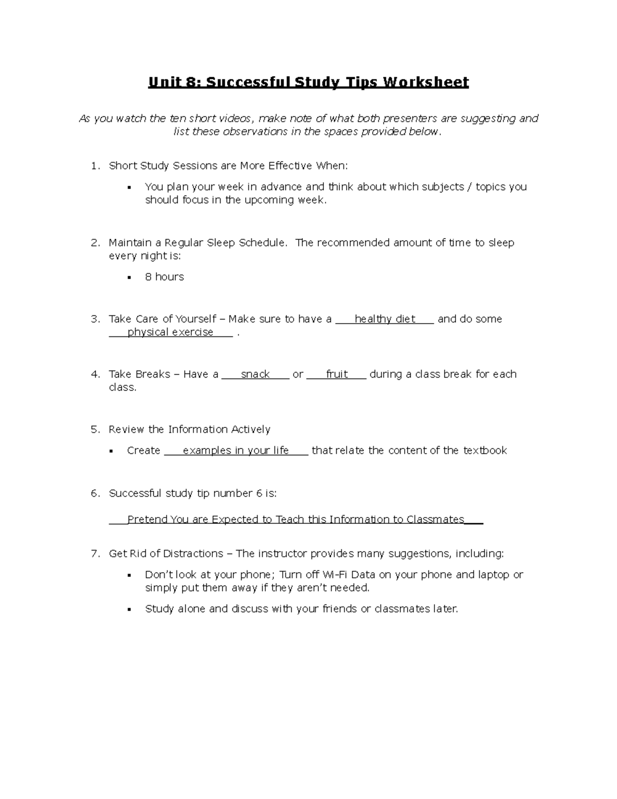 Successful Study Tips Worksheet - Short Study Sessions are More ...