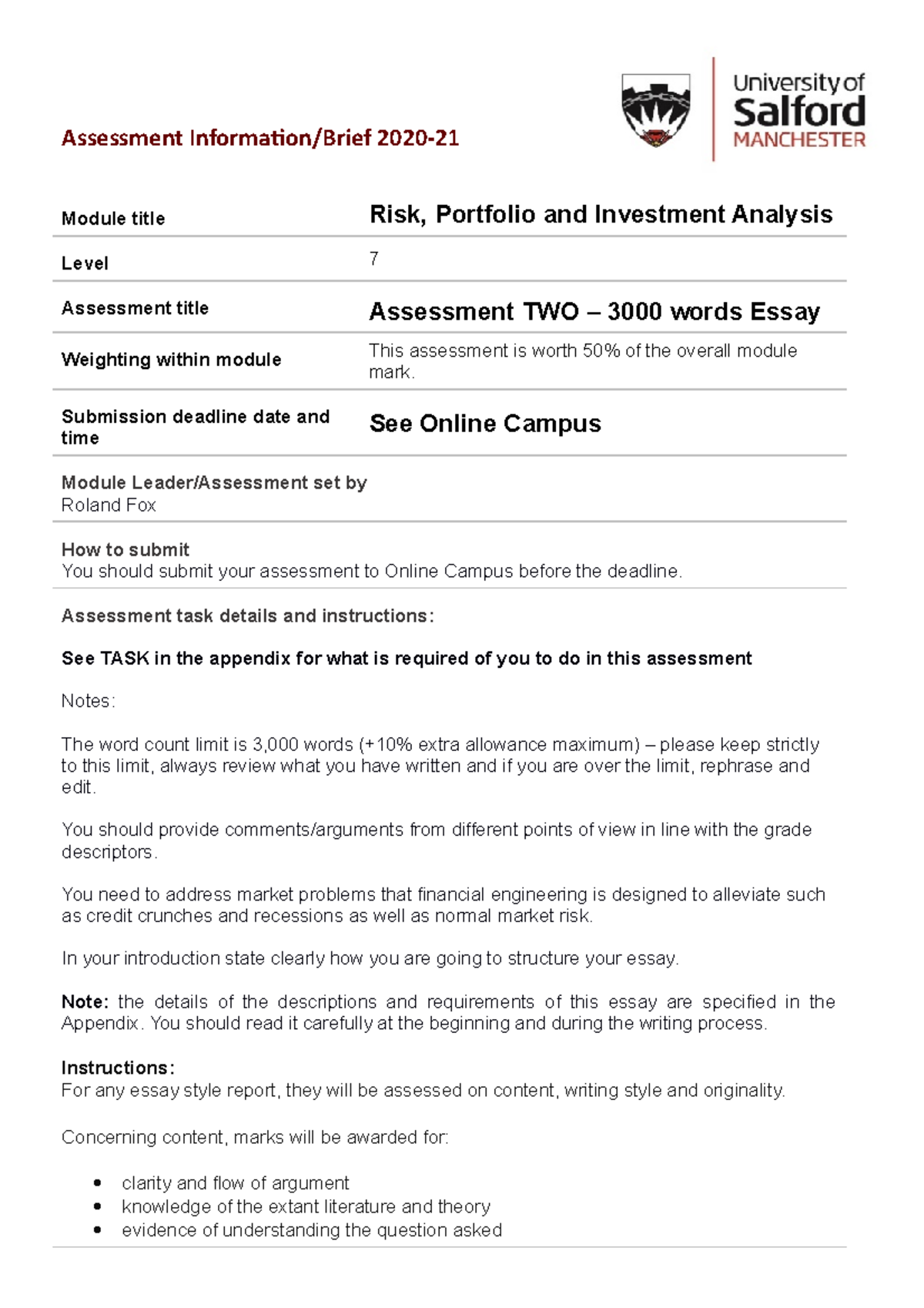 Final Assignment - Question Paper - Assessment Information/Brief 2020 ...