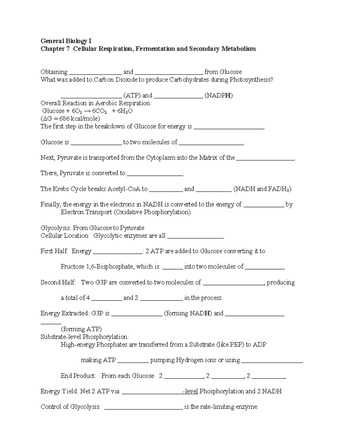 Chapter 7 Notes - Fall 2023 Dr. Sattler - General Biology I Chapter 7 ...