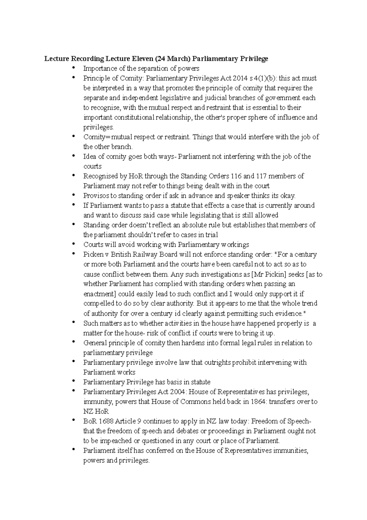 Parliamentary Privilege notes - Lecture Recording Lecture Eleven (24 ...