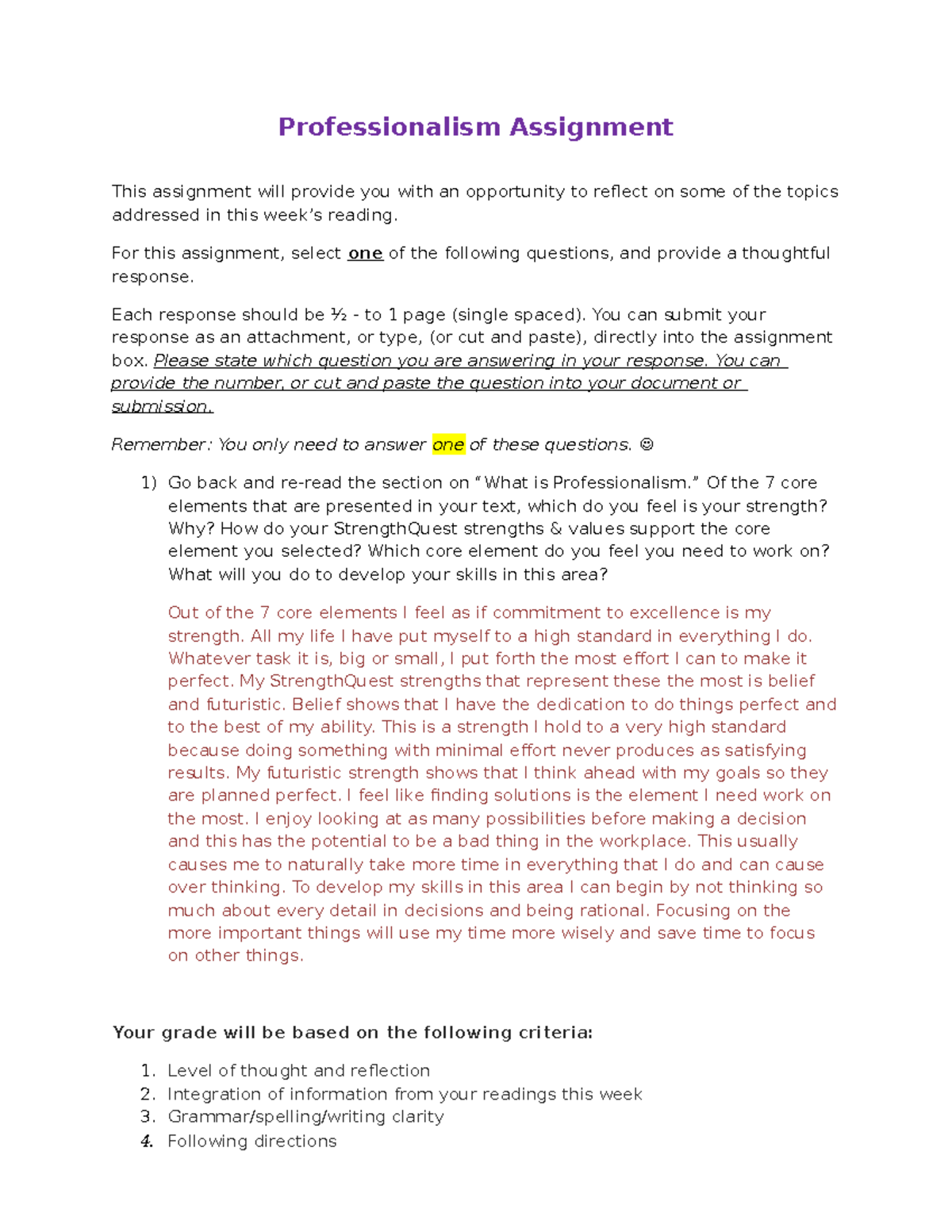 Professionalism Assignment - For this assignment, select one of the ...