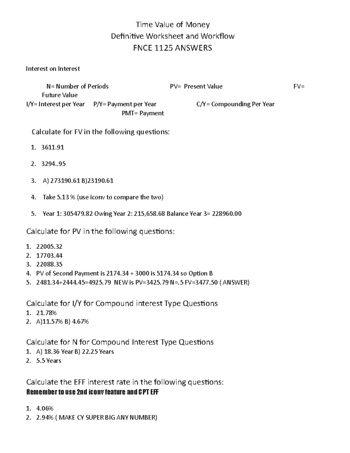 Time Value Worksheet(Answers) - Time Value of Money Deiniive Worksheet ...