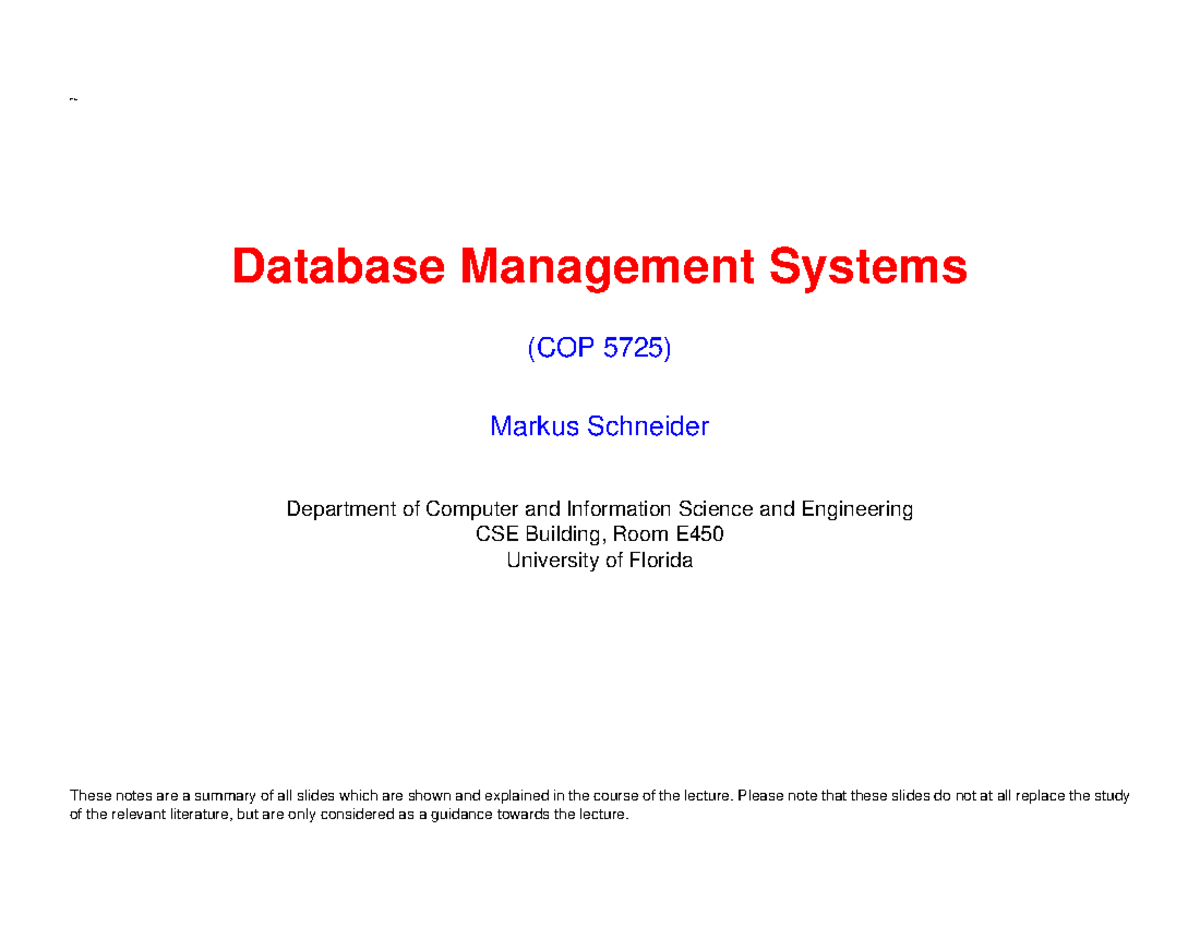Lecture 01 Class Notes Of Foundations Of Computer Science 8396w Database Management Systems