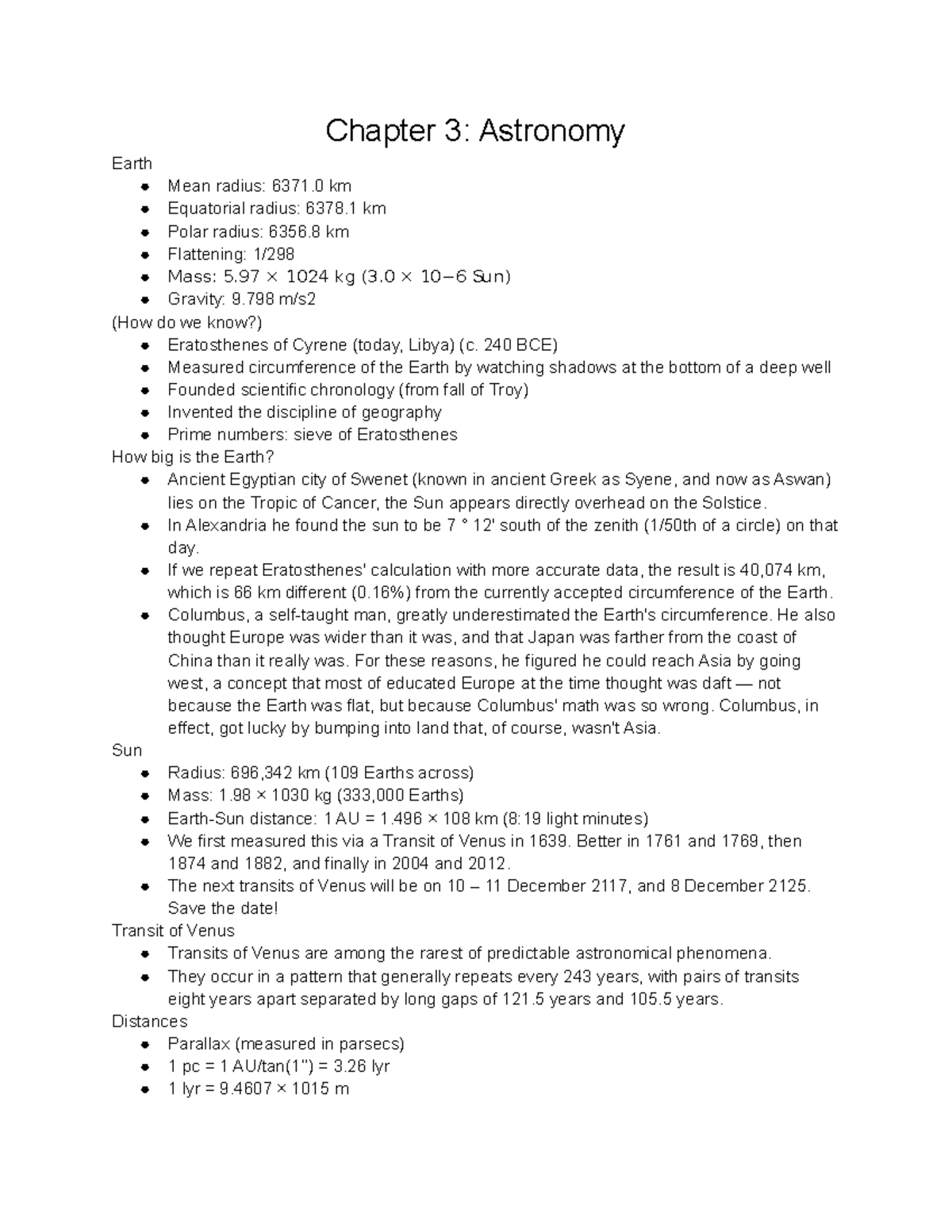 Physics Chapter 3 Notes - Chapter 3: Astronomy Earth Mean radius: 6371 ...