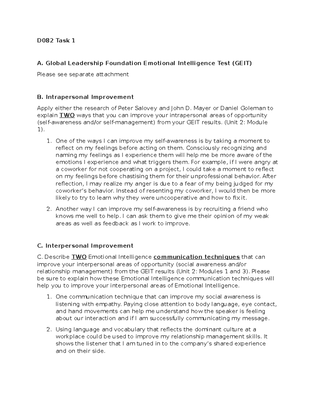 Performance Assessment Task 1 - D082 Task 1 A. Global Leadership ...