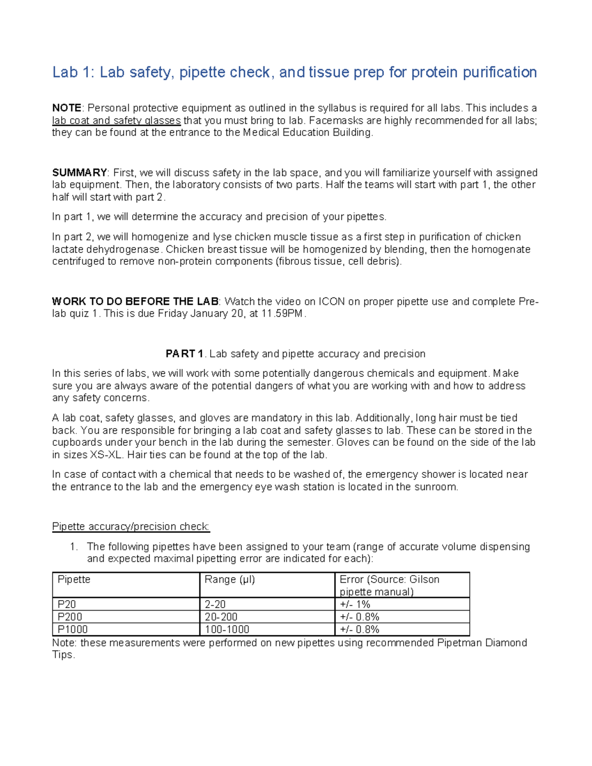 Lab 1 protocol - lab - Lab 1: Lab safety, pipette check, and tissue prep for protein ...