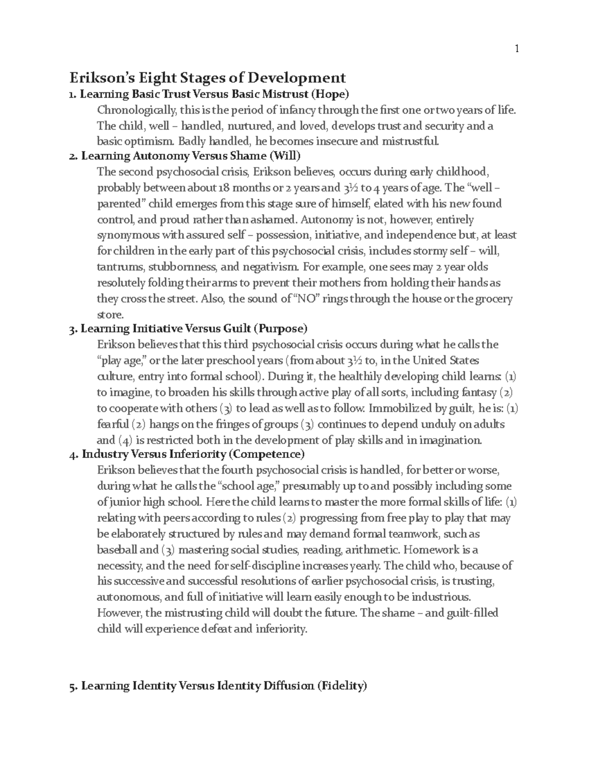 Erikson - 1 Erikson’s Eight Stages of Development 1. Learning Basic ...