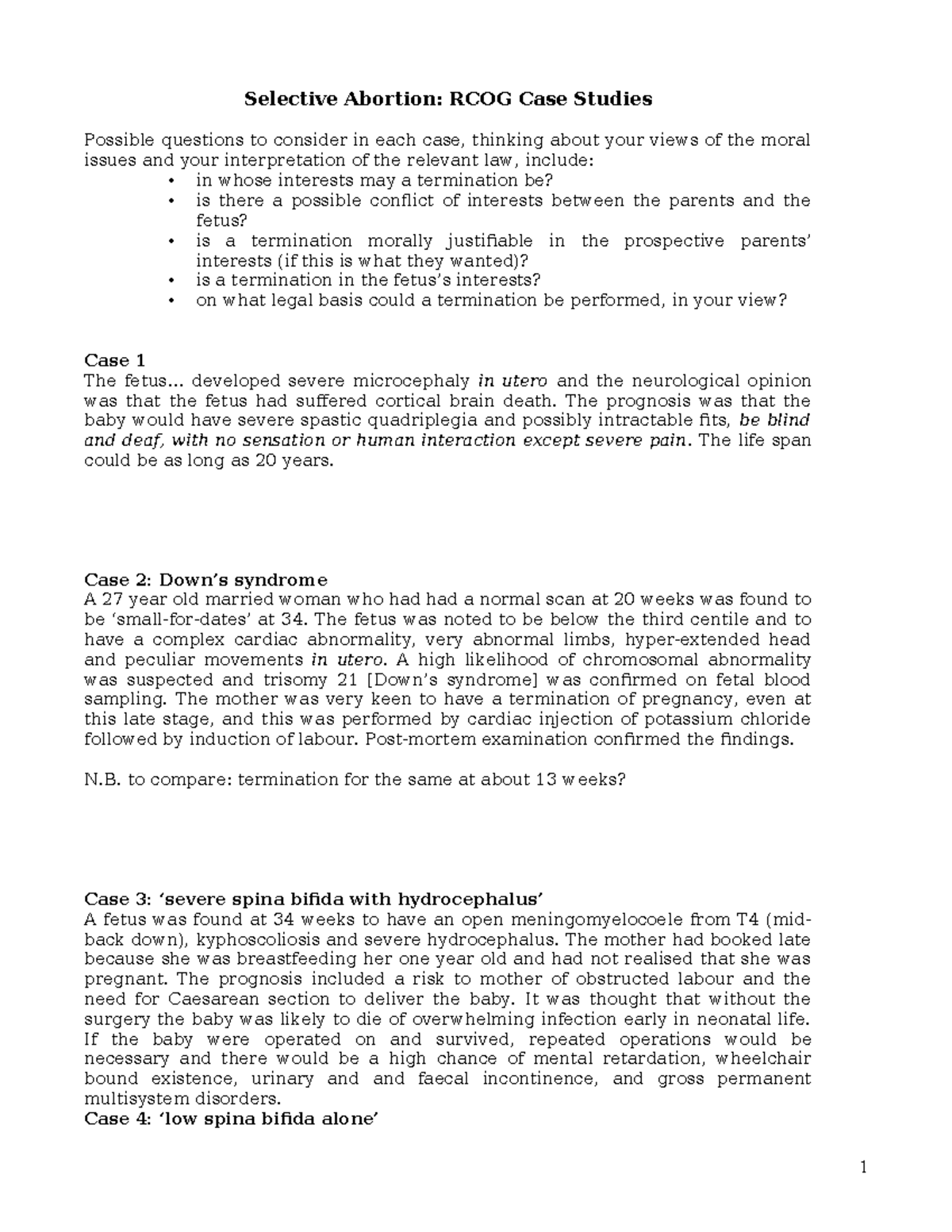 Case study - Selective Abortion: RCOG Case Studies Possible questions ...