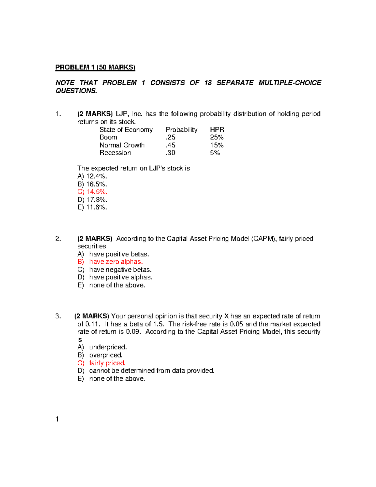 Sample Midterm 1 - PROBLEM 1 (50 MARKS) NOTE THAT PROBLEM 1 CONSISTS OF 18 SEPARATE MULTIPLE ...