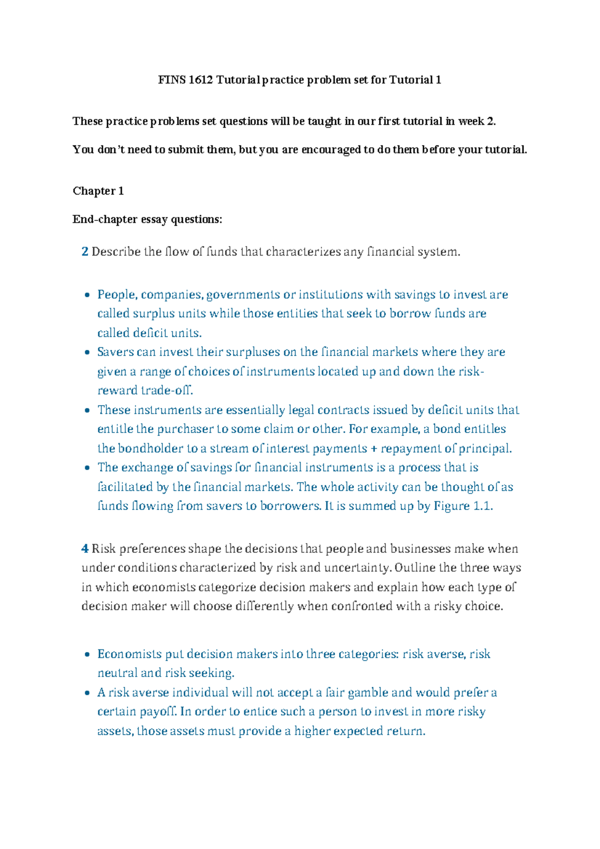 Tutorial practice problem set for Tutorial 1 with solution - FINS 1612 Tutorial practice problem ...