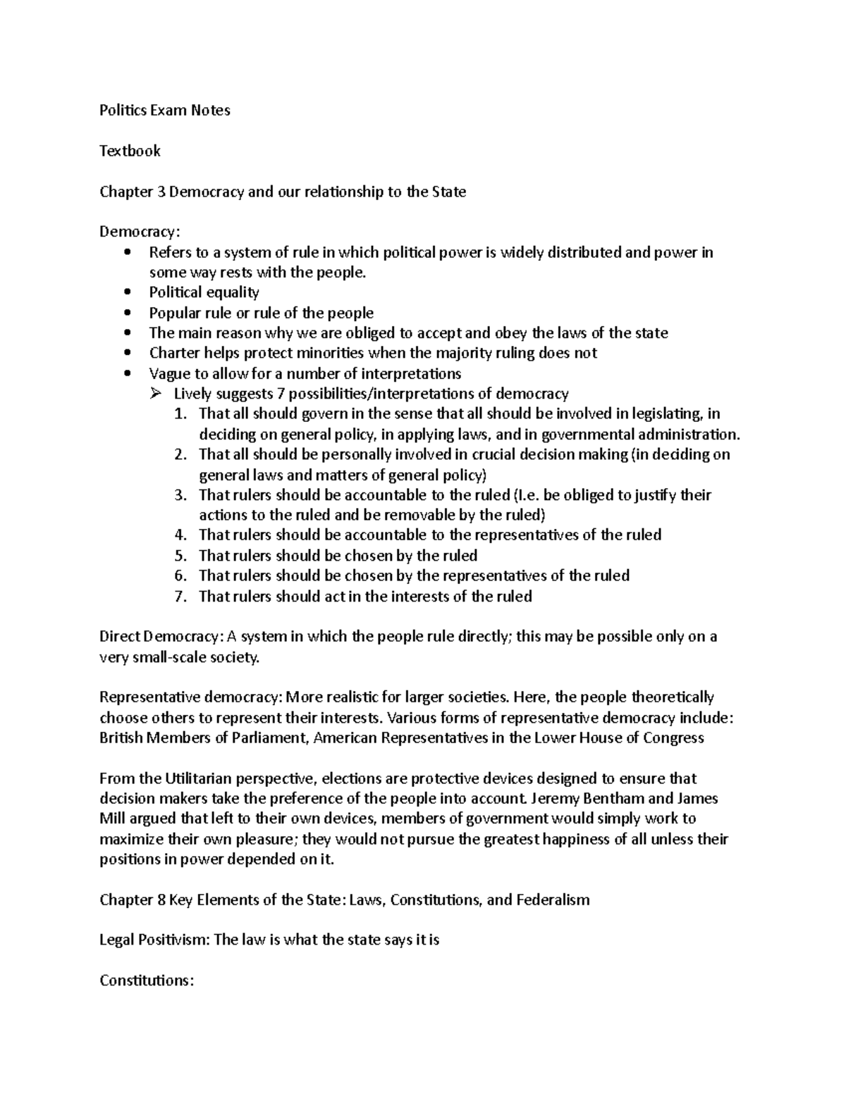 Politics April Exam Notes - Politics Exam 3 Democracy and our ...