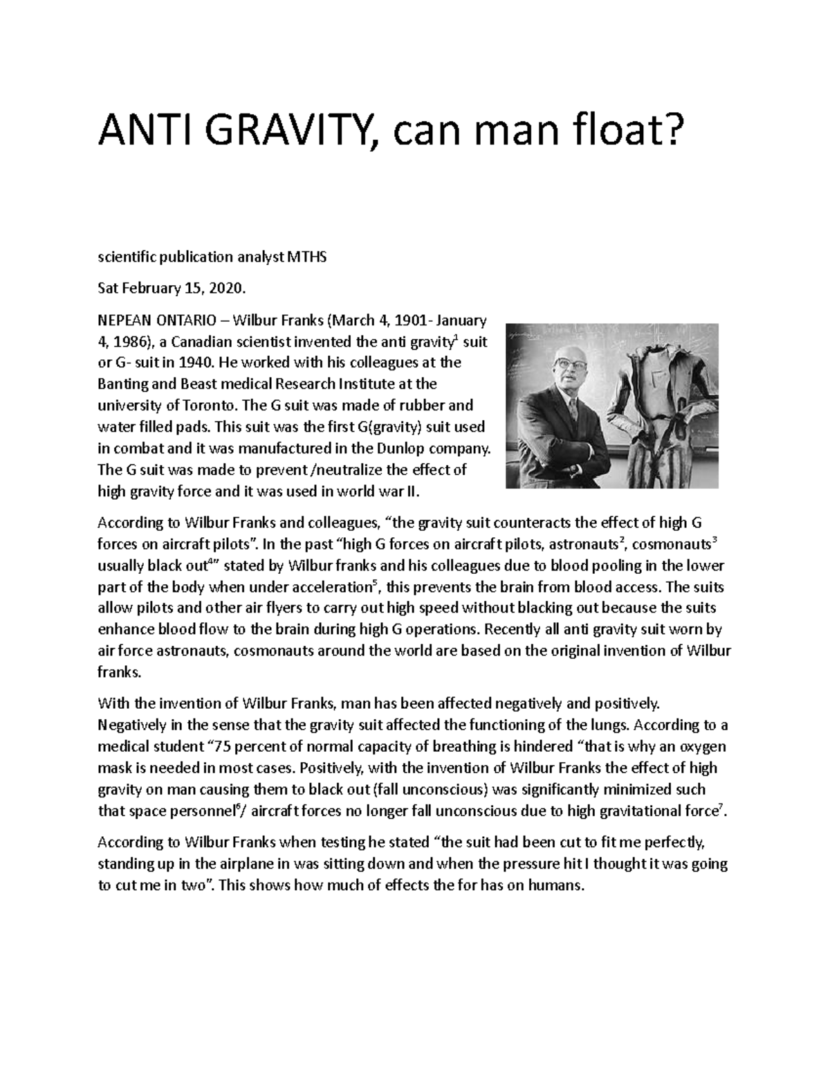 Canadian scientists - Newspaper assignment - ANTI GRAVITY, can man ...