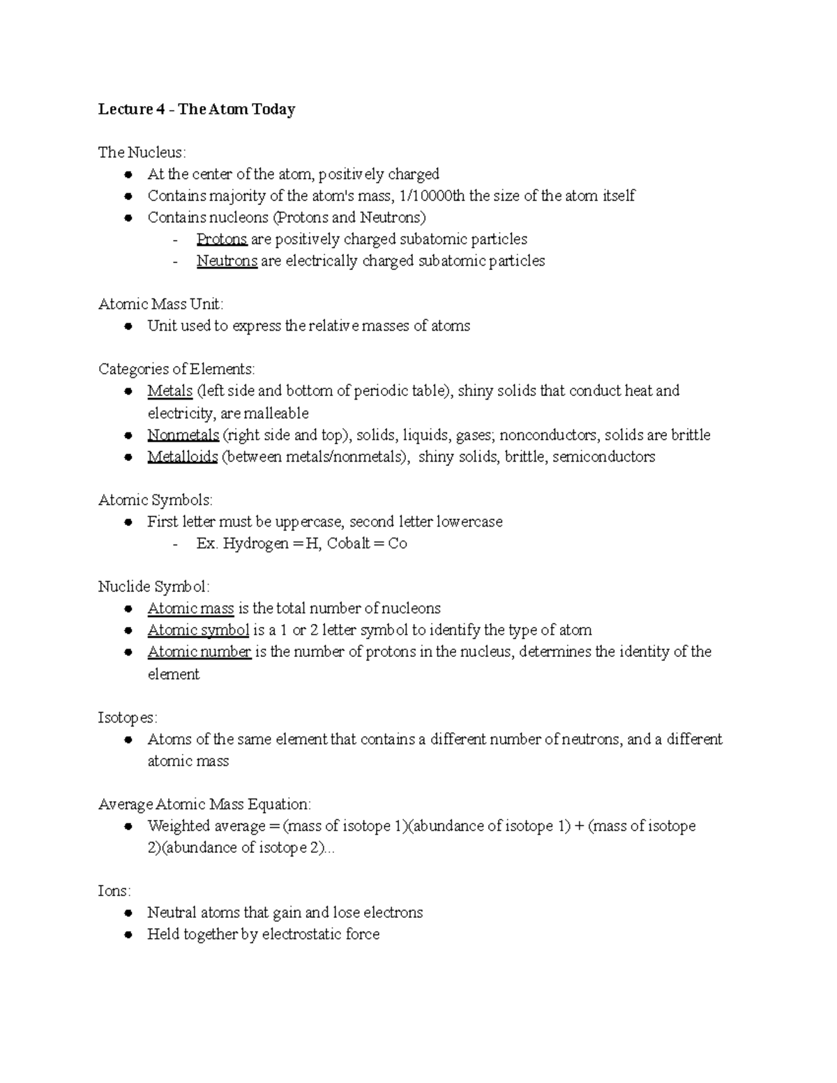 CHEM 104 Lecture 4-5 Notes - Lecture 4 - The Atom Today The Nucleus: At ...