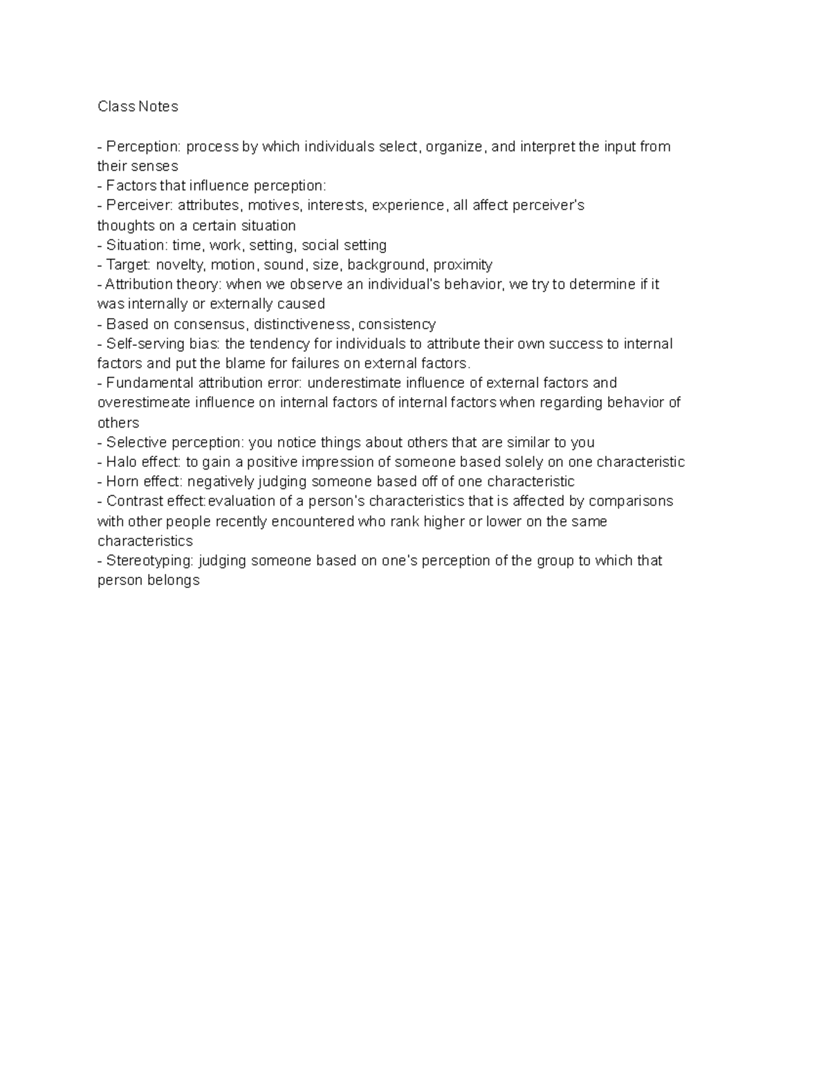 Class Notes- perception - Class Notes Perception: process by which ...