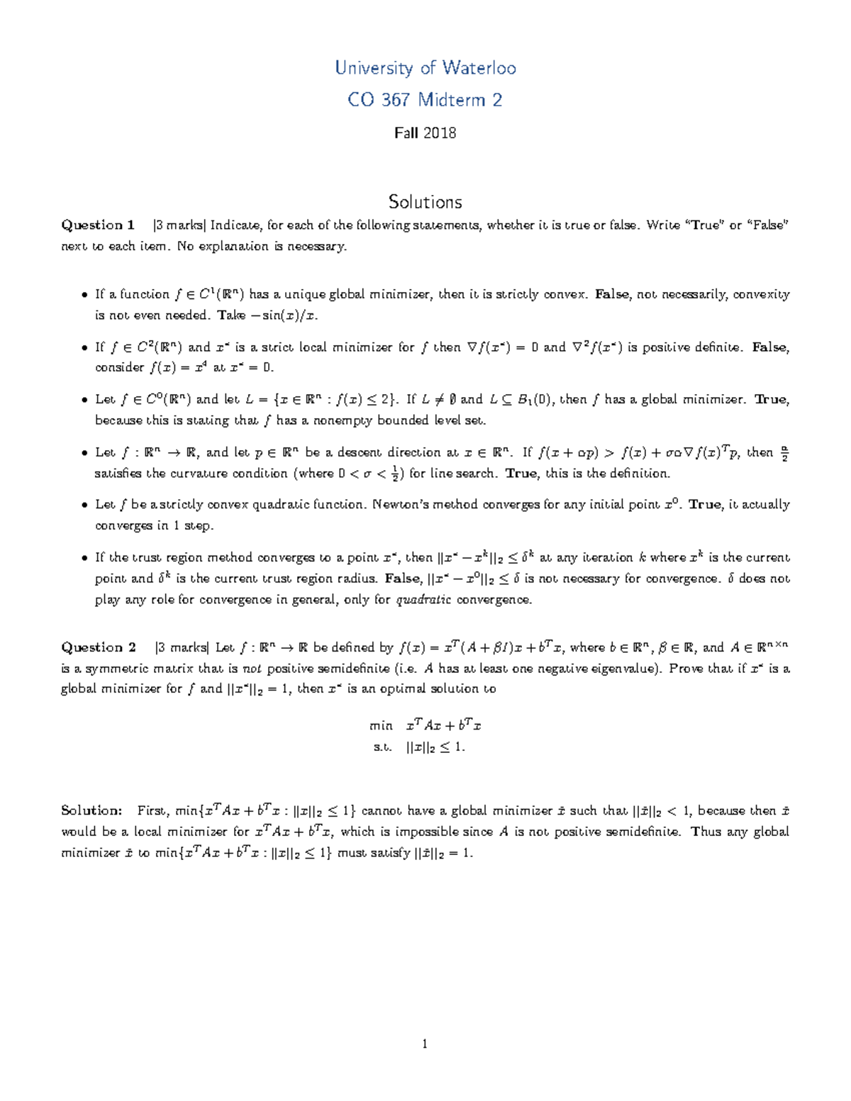 Co367 sol midterm 2 - University of Waterloo CO 367 Midterm 2 Fall 2018 ...