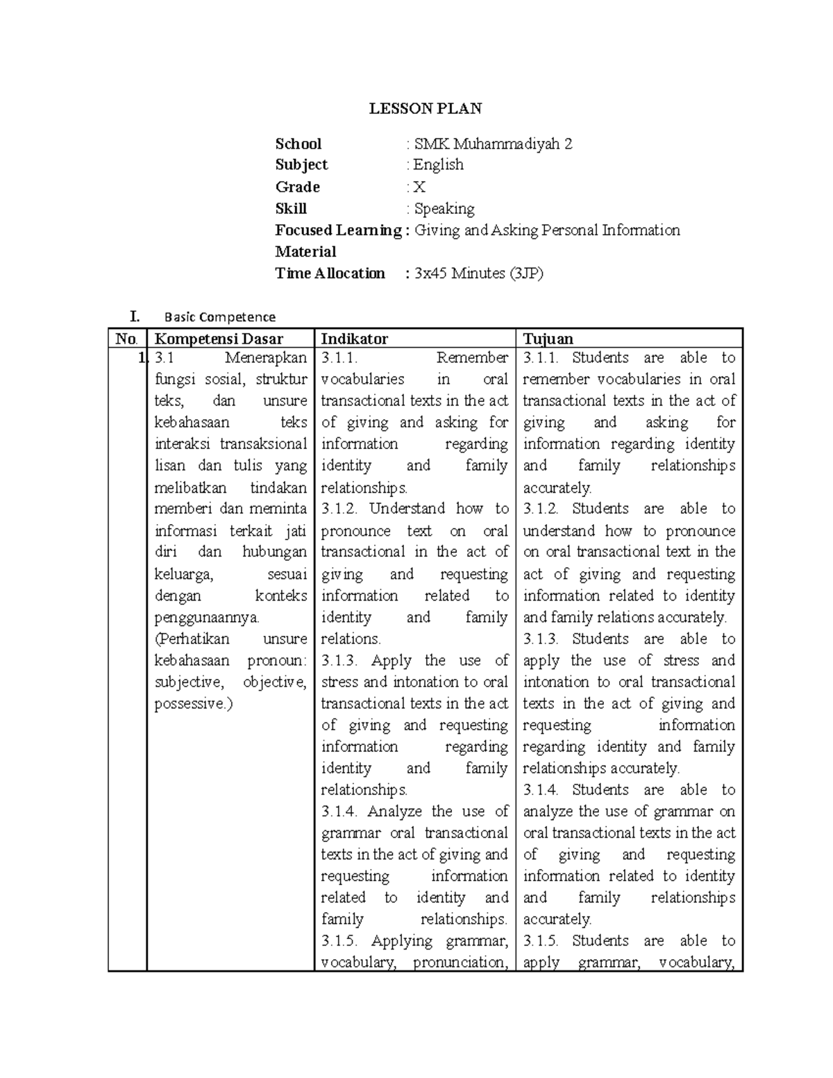 Lesson Plan Giving and Asking Personal Information Grade X - LESSON ...
