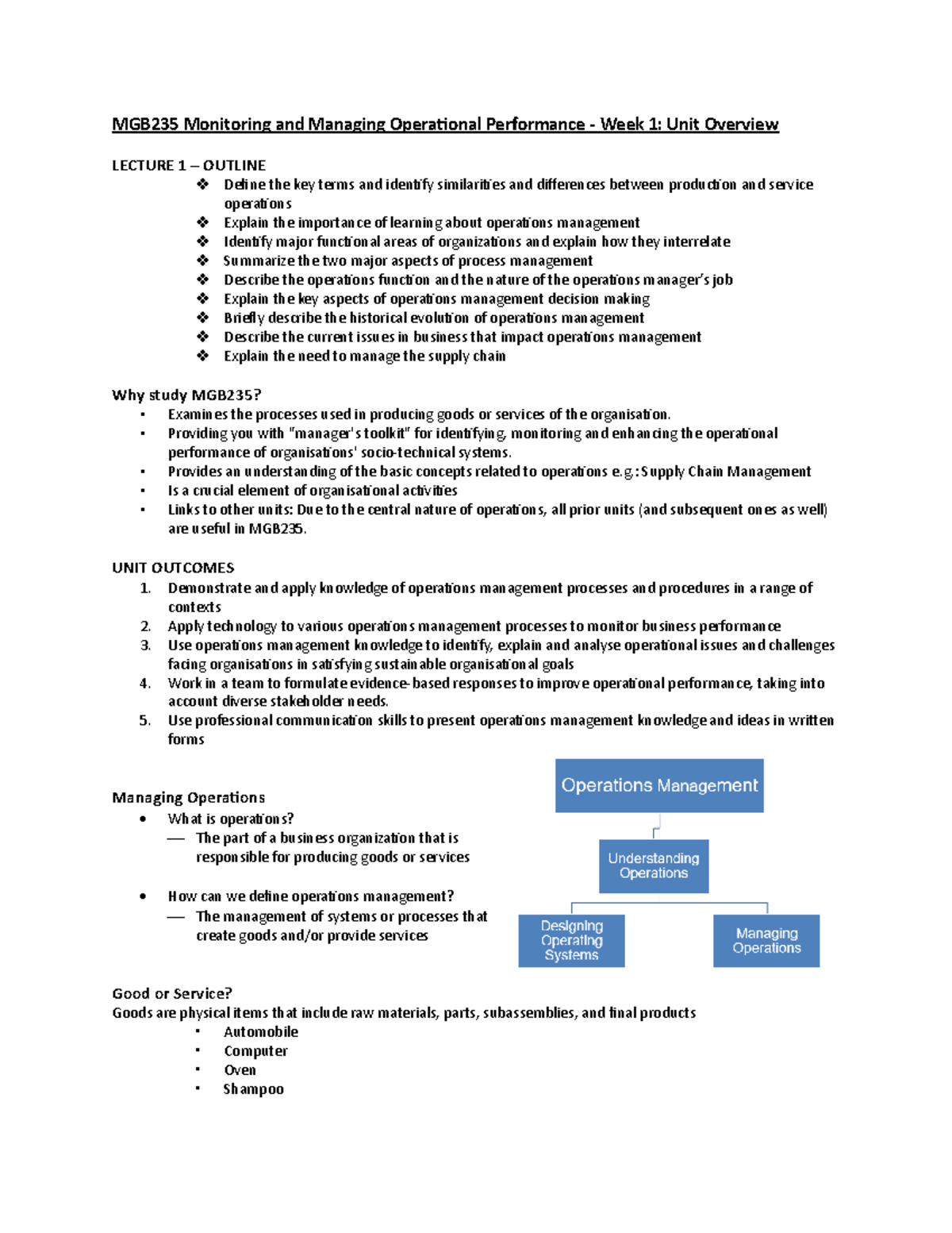 MGB235 Week 1 Notes - MGB235 Monitoring and Managing Operational ...