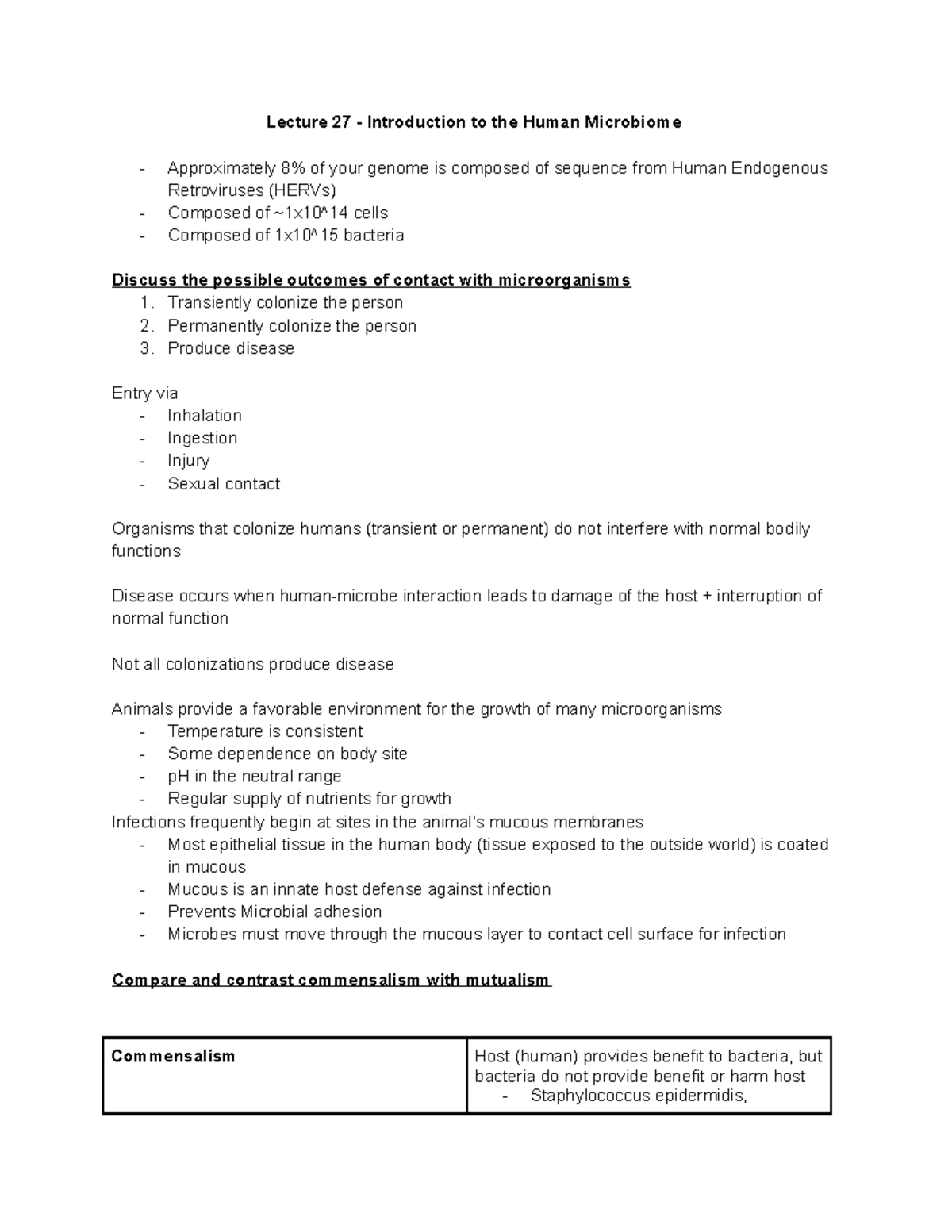 Lecture 27 - notes - Lecture 27 - Introduction to the Human Microbiome ...